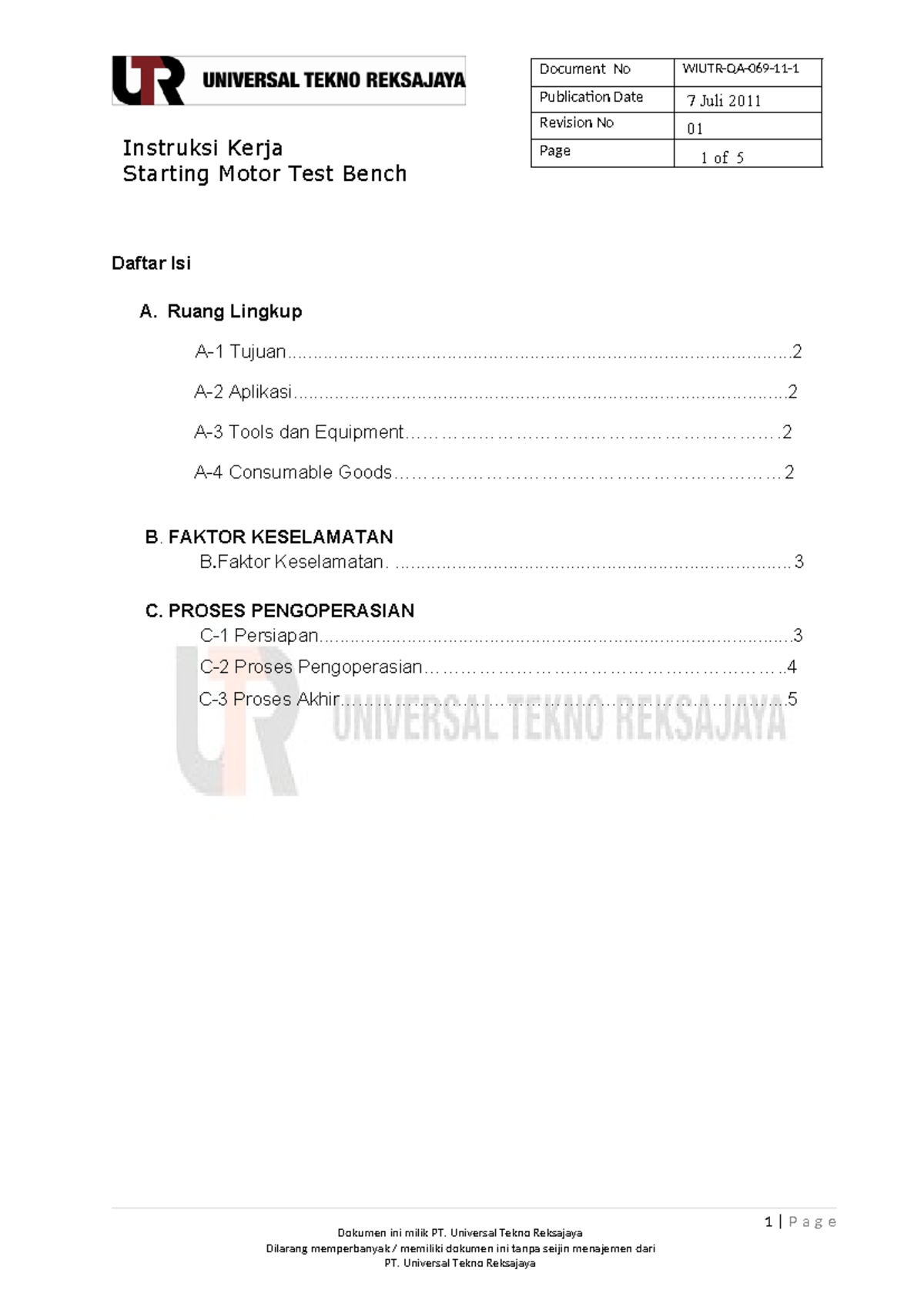 Instruksi Kerja IK-001: Pengoperasian Alternator Test Bench di UTR ...