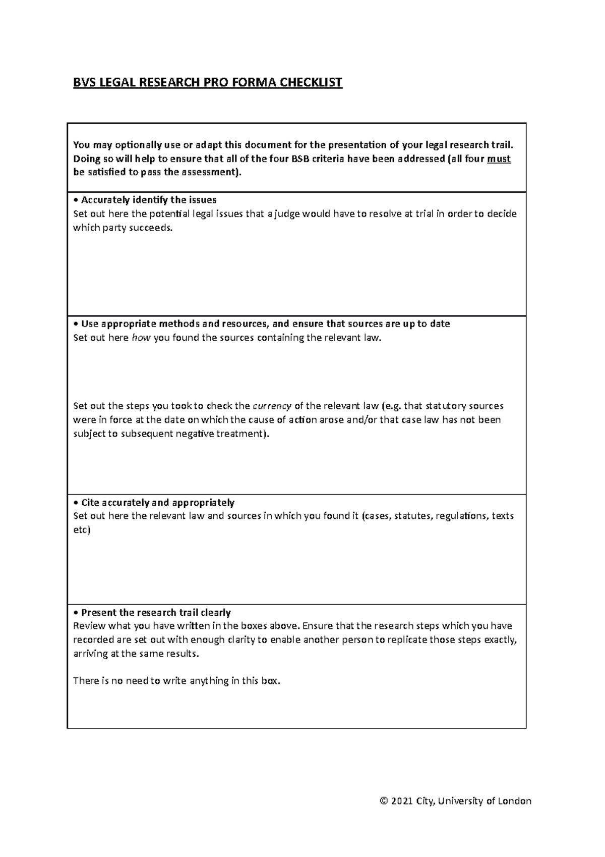 BVS Legal Research Trail Template Checklist for Assessment - Studocu