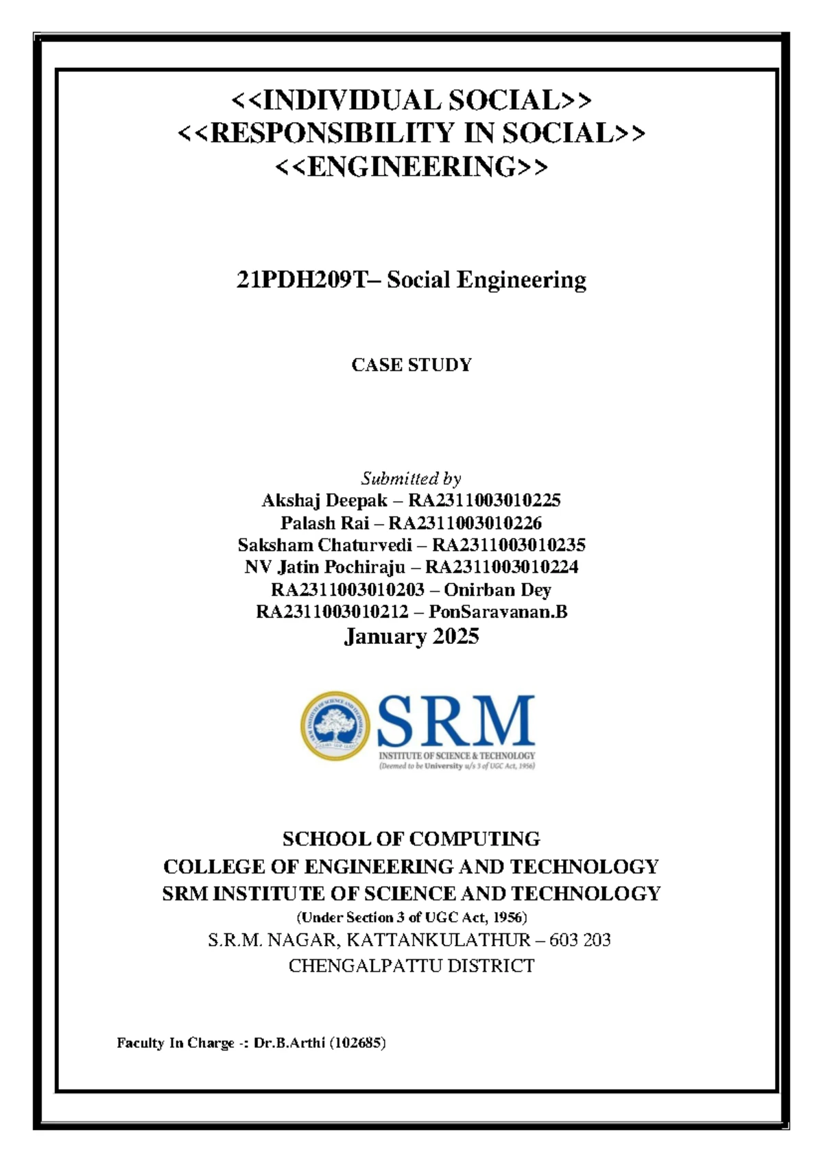 Rubrics Assignment 1 Individual Social Responsibilities - SRM INSTITUTE ...