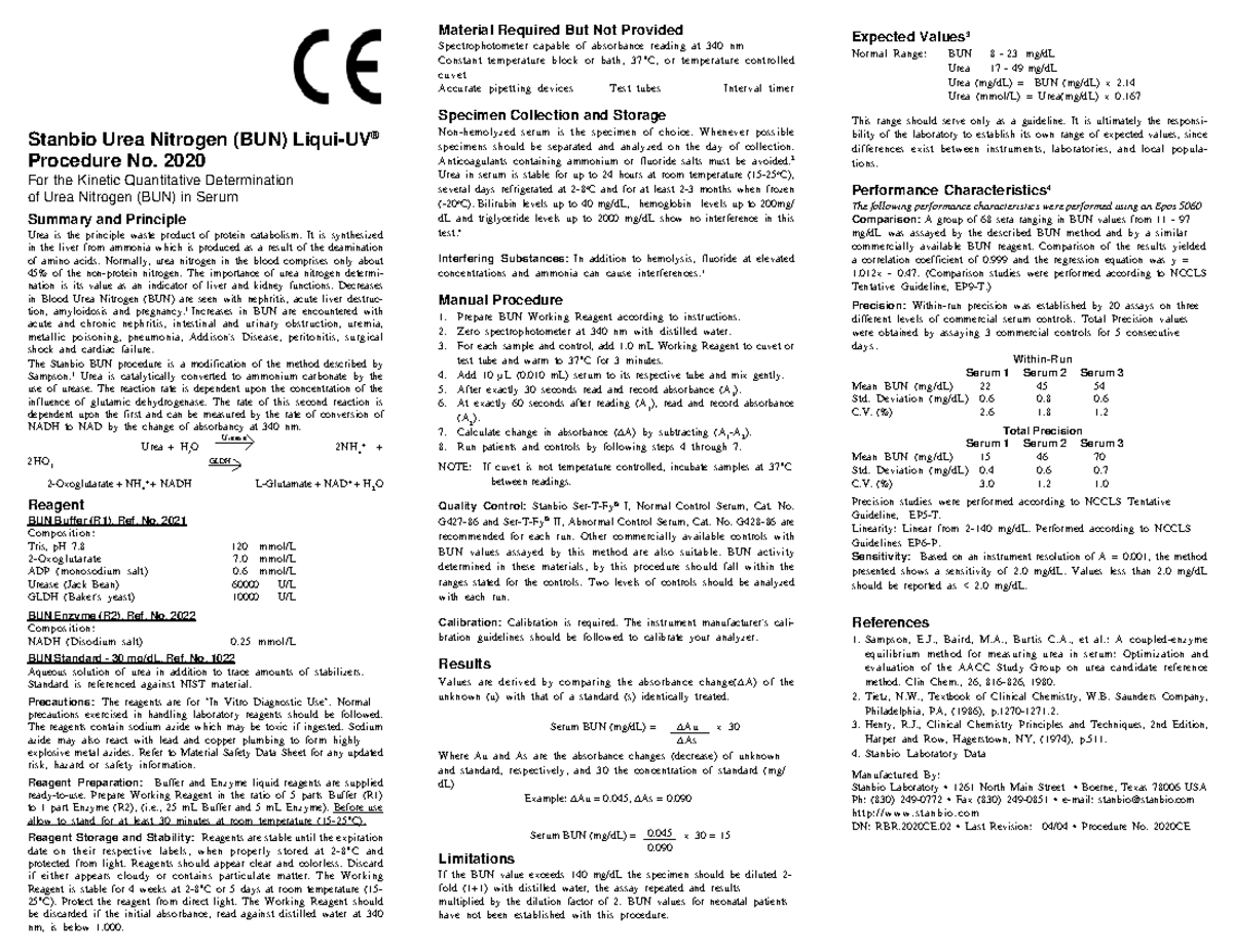 Stanbio Urea Nitrogen (BUN) Procedure No. 2020: Method Overview and ...