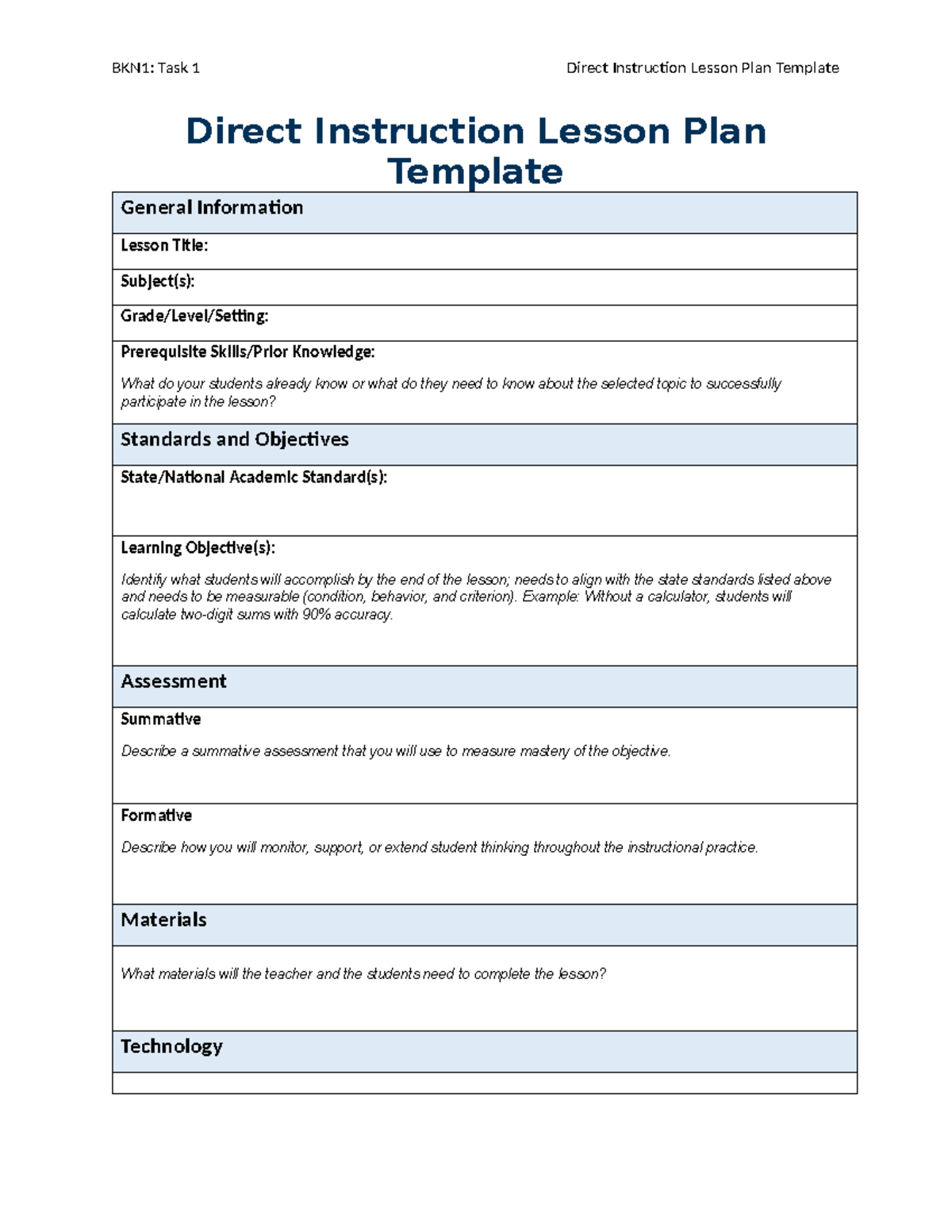 BKN1: Direct Instruction Lesson Plan Template for Health & PE d694 ...