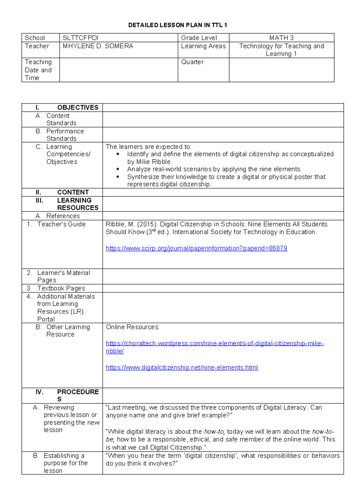 DLP in Technology for TL 1: Digital Citizenship Lesson Plan - Studocu