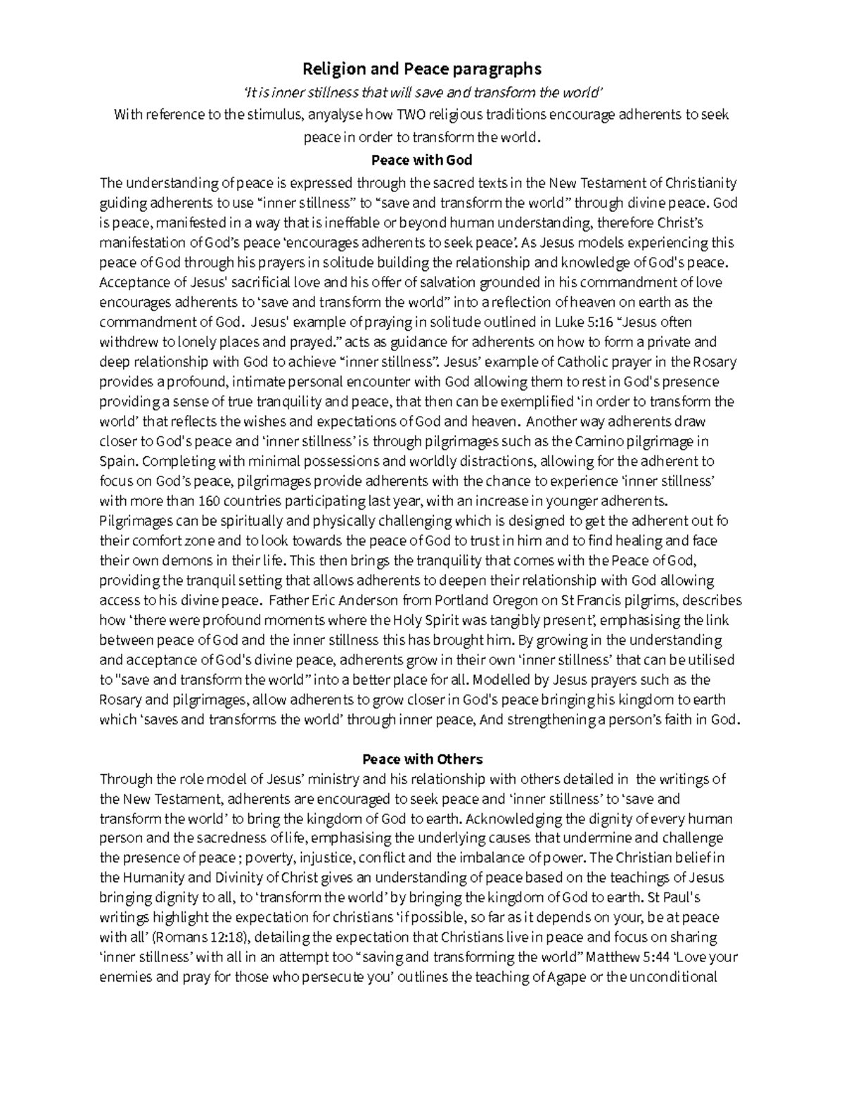 Religion and Peace: Transformative Practices in Two Traditions - Studocu
