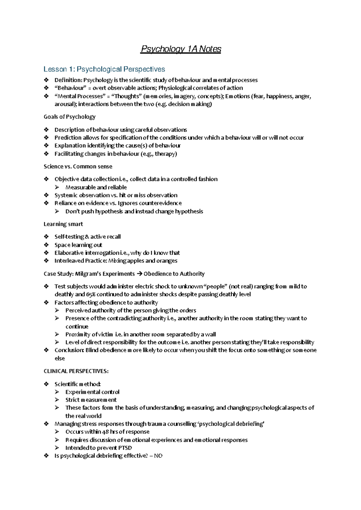 Psychology 1A Lesson 1: Key Concepts & Perspectives Overview - Studocu