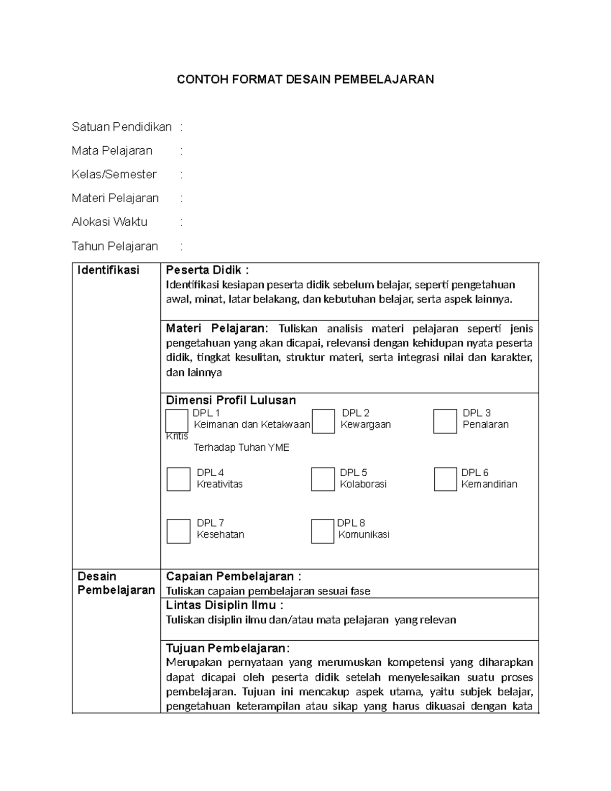 Desain Perencanaan Pembelajaran Mendalam: Contoh Format DPL - Studocu