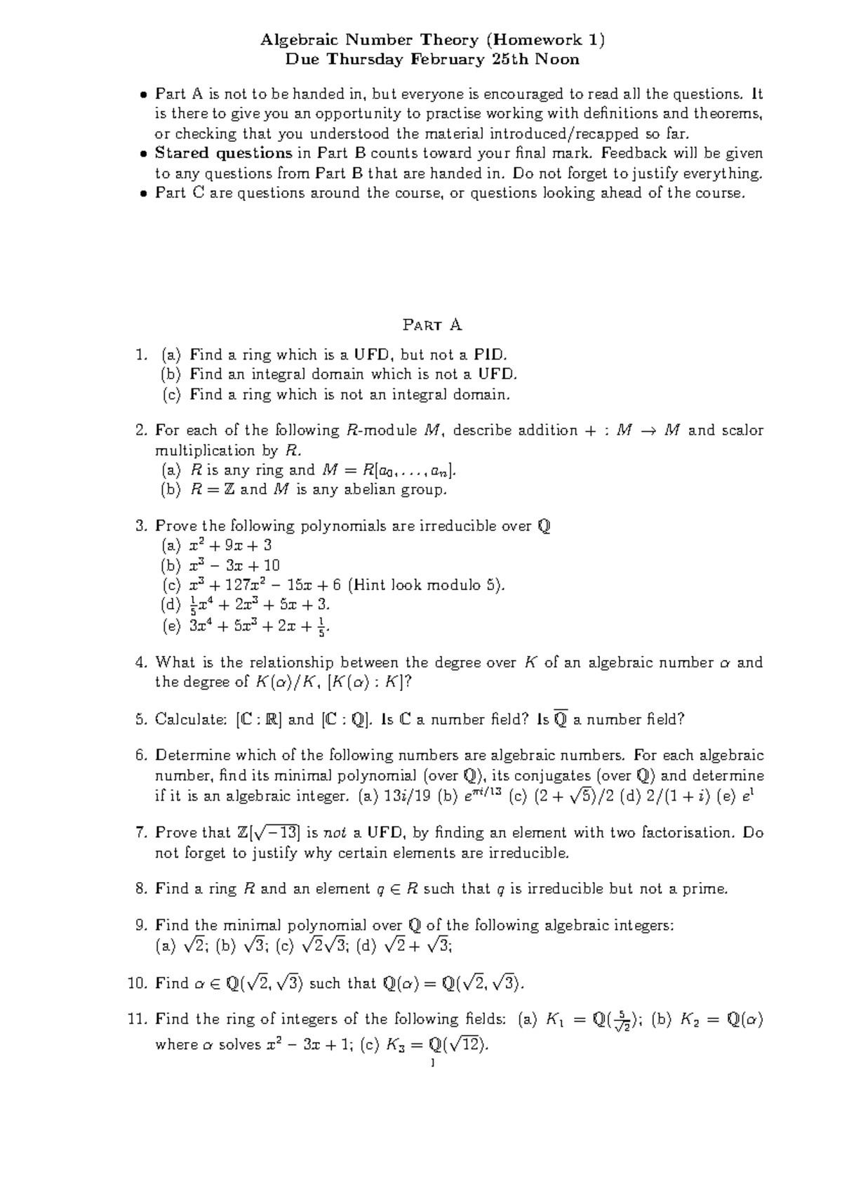 Algebraic Number Theory HW 1 - Practice and Problem Set - Studocu