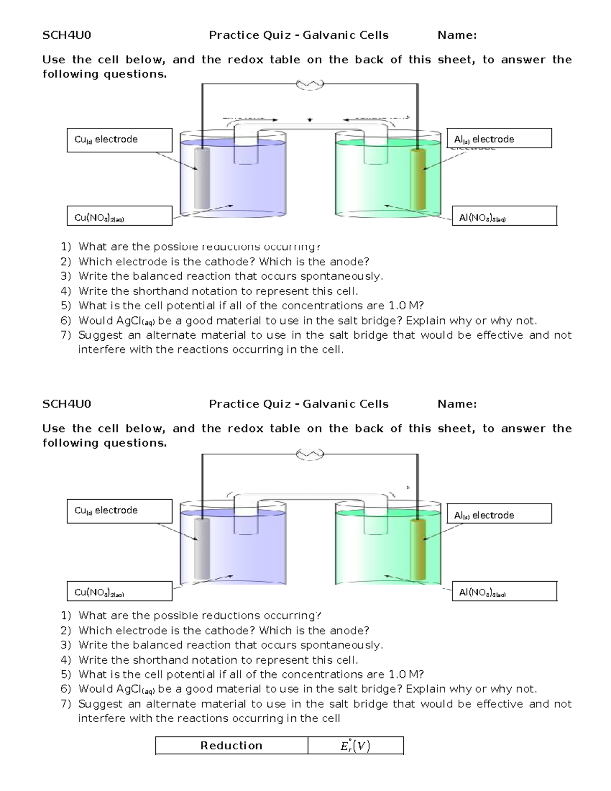 SCH4U0 Practice Quiz on Galvanic Cells and Redox Reactions - Studocu