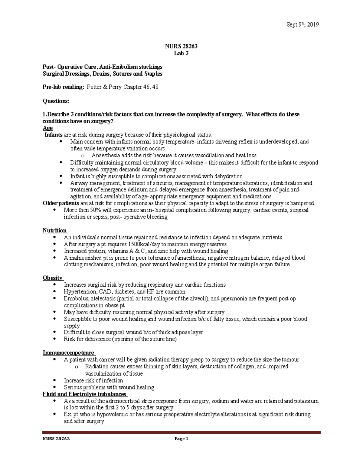Module 1 - Post-operative care pre-lab reading - NURS 28263 Lab 3 Post ...