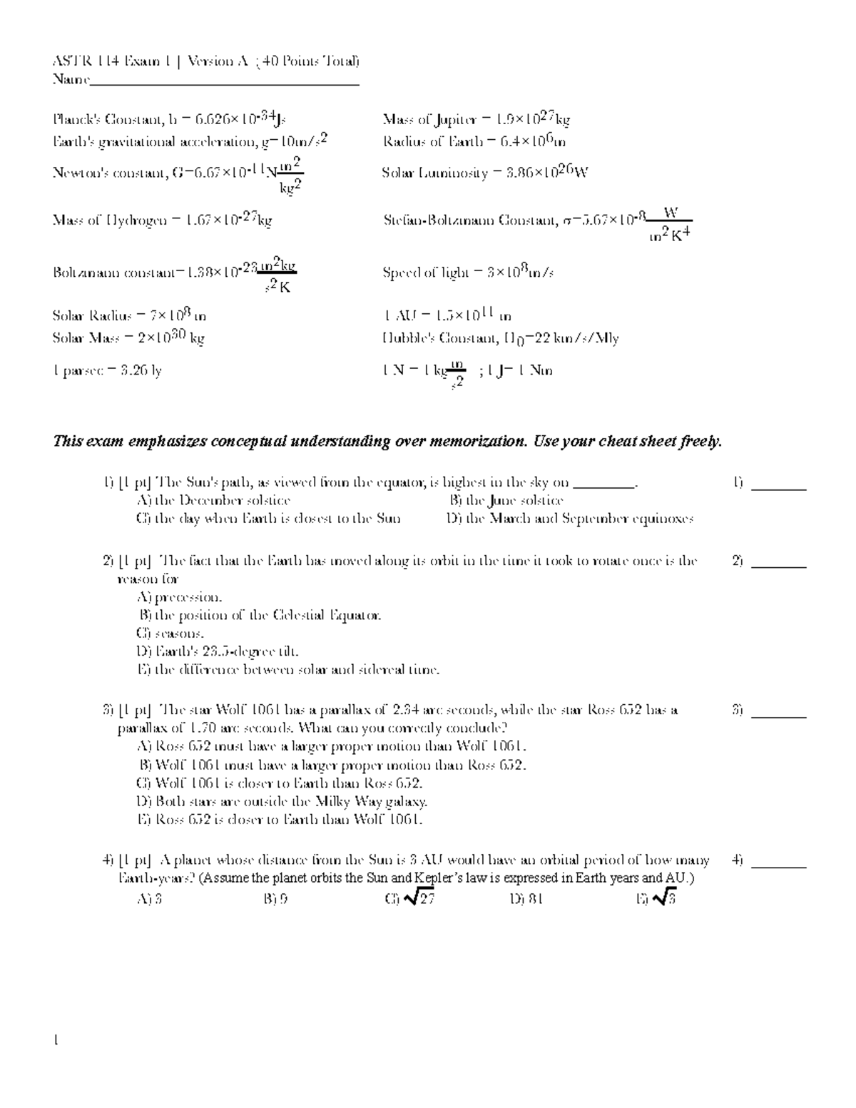 ASTR 114 Final Exam 1 Practice Materials - Version A - Studocu
