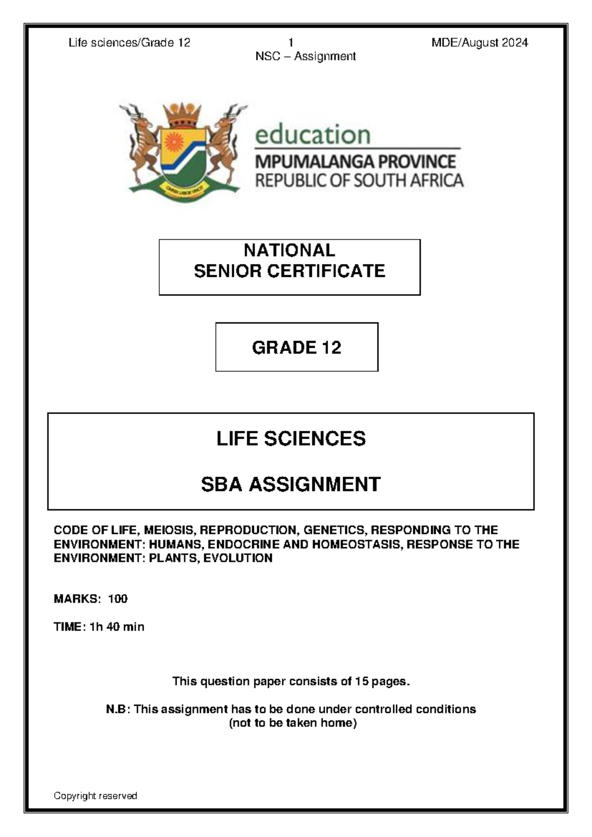 Life 12 NSC SBA Assignment 2024: Genetics, Meiosis, and Homeostasis ...
