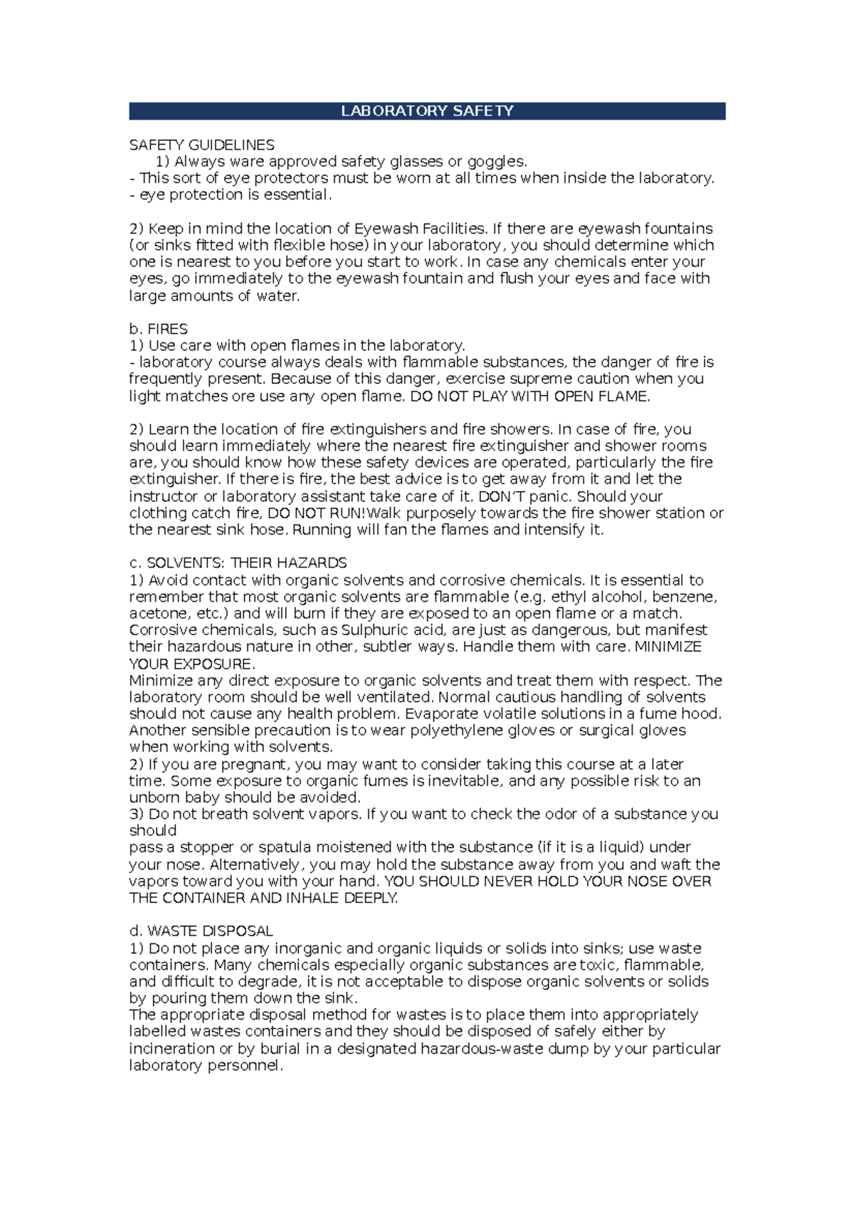 Laboratory Safety - LABORATORY SAFETY SAFETY GUIDELINES Always ware ...