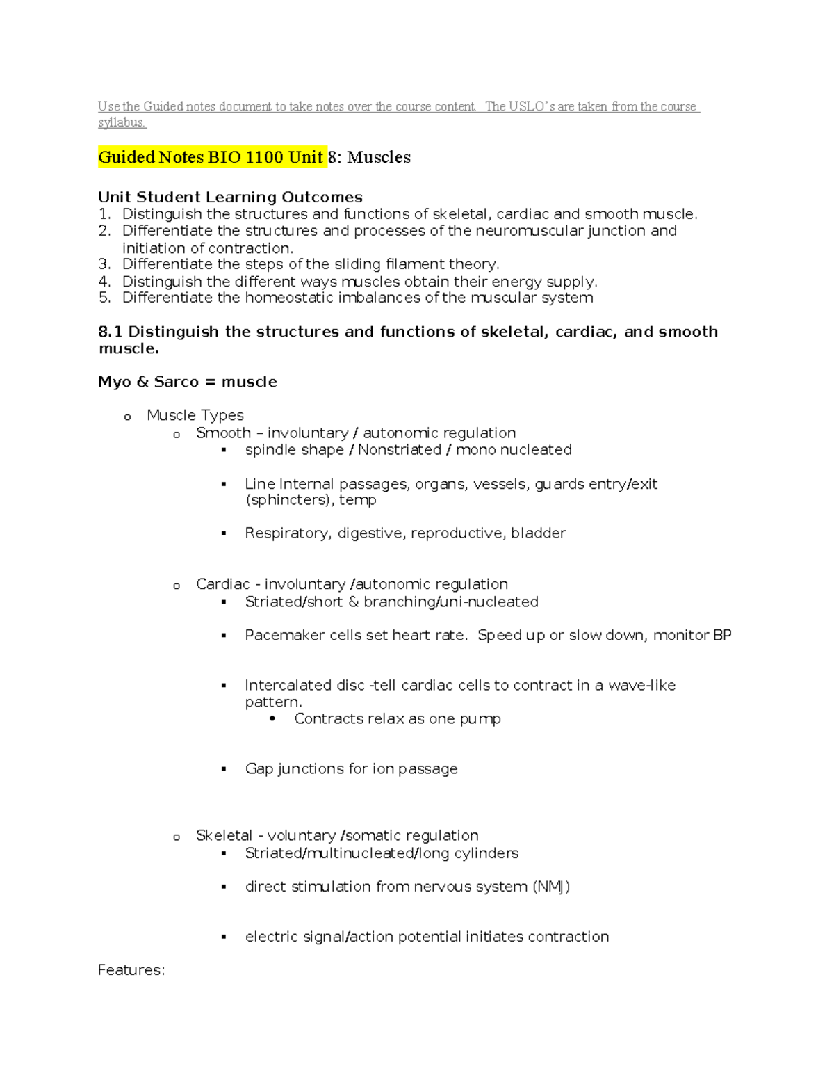 Guided Notes BIO 1100 Unit 8: Comprehensive Overview of Muscles - Studocu