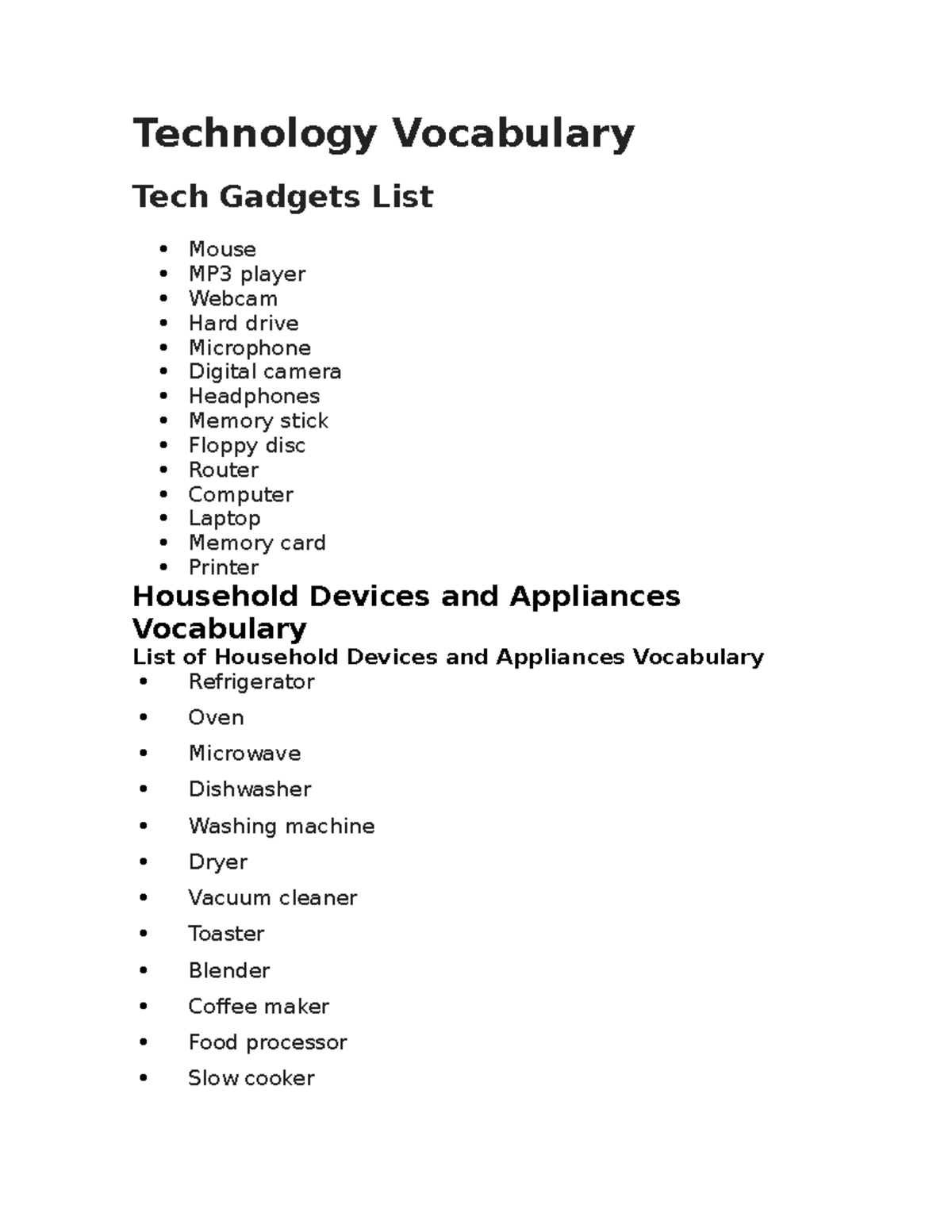 Technology Vocabulary List - Course Code HOLDDD - Studocu