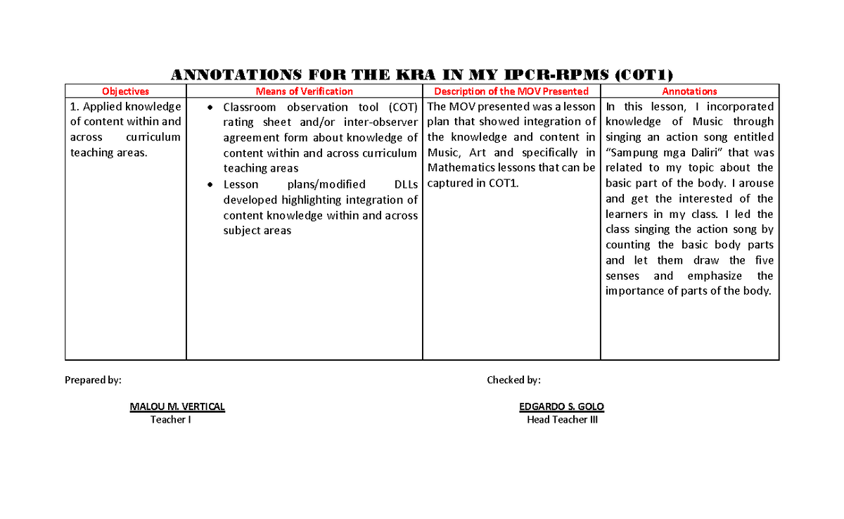 Annotations - cot - Objectives Means of Verification Description of the ...