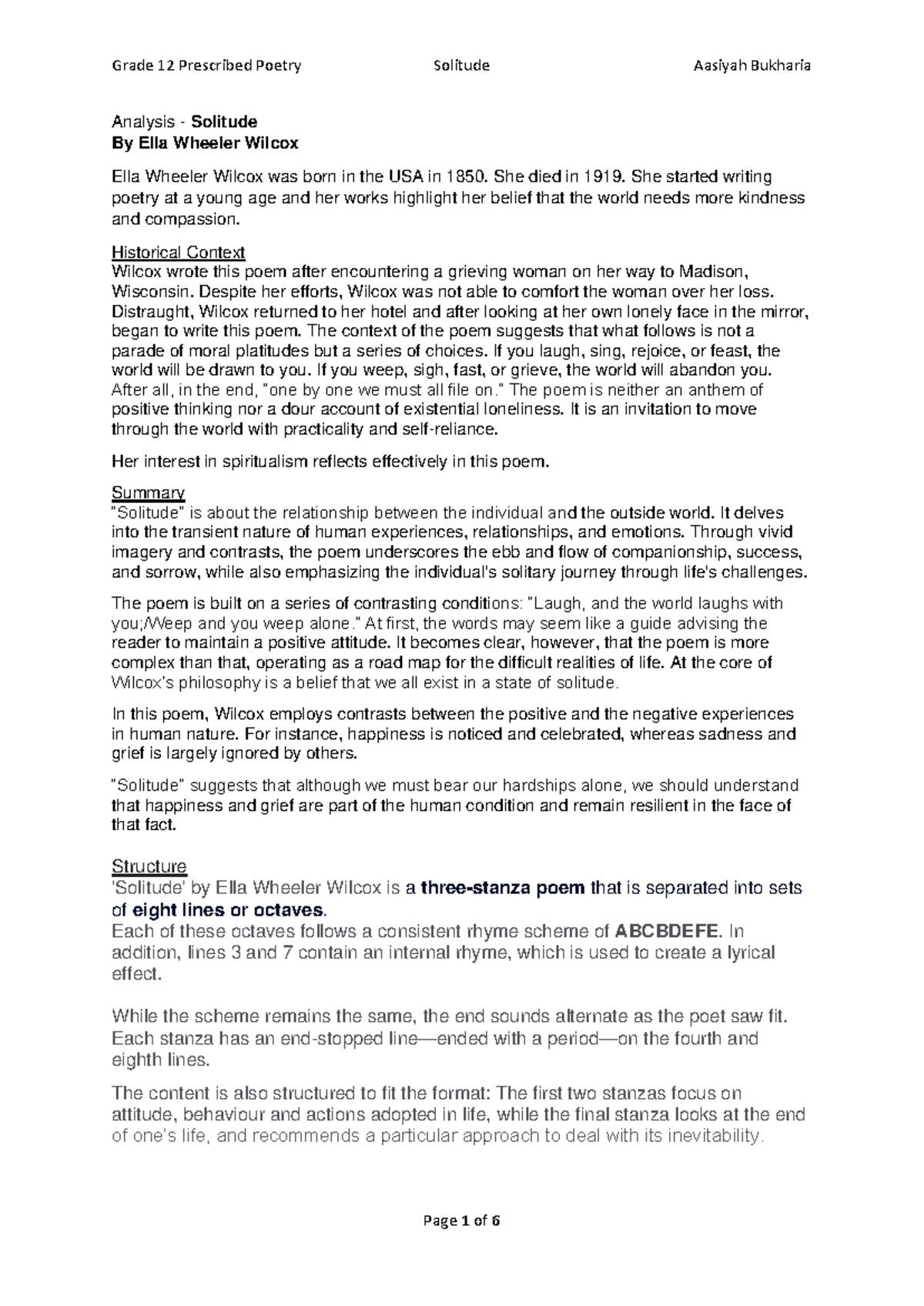 Grade 12 Poetry Analysis: Solitude by Ella Wheeler Wilcox - Studocu