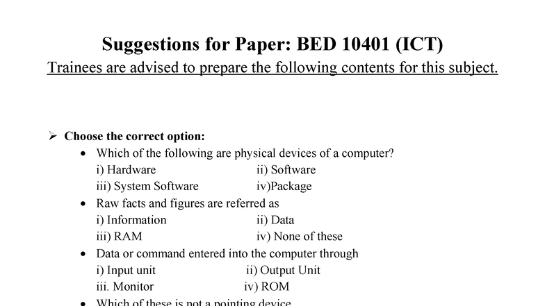 Suggestions for Paper: BED 10401 (ICT) Exam Preparation Notes - Studocu