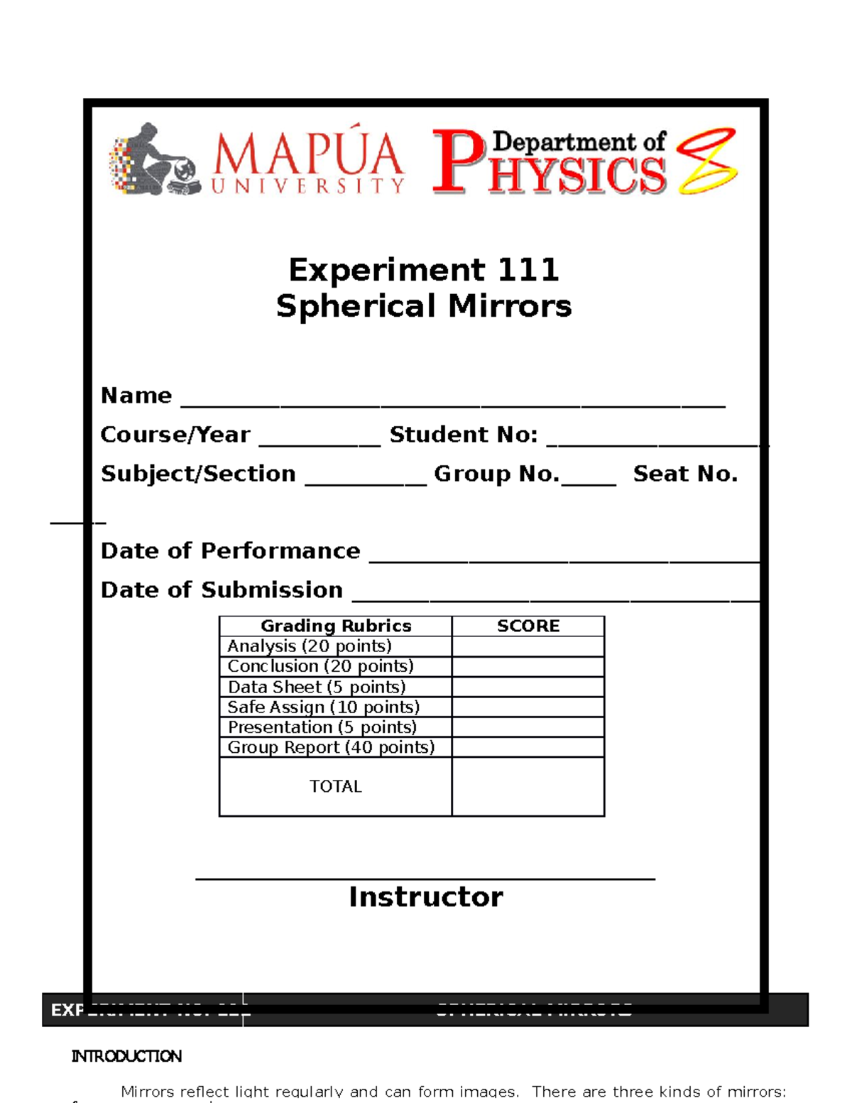 Experiment 111 Spherical Mirrors (F2F) - Name