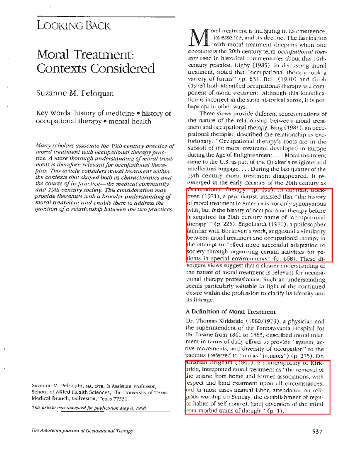 Moral Treatment and Occupational Therapy: Historical Perspectives - Studocu