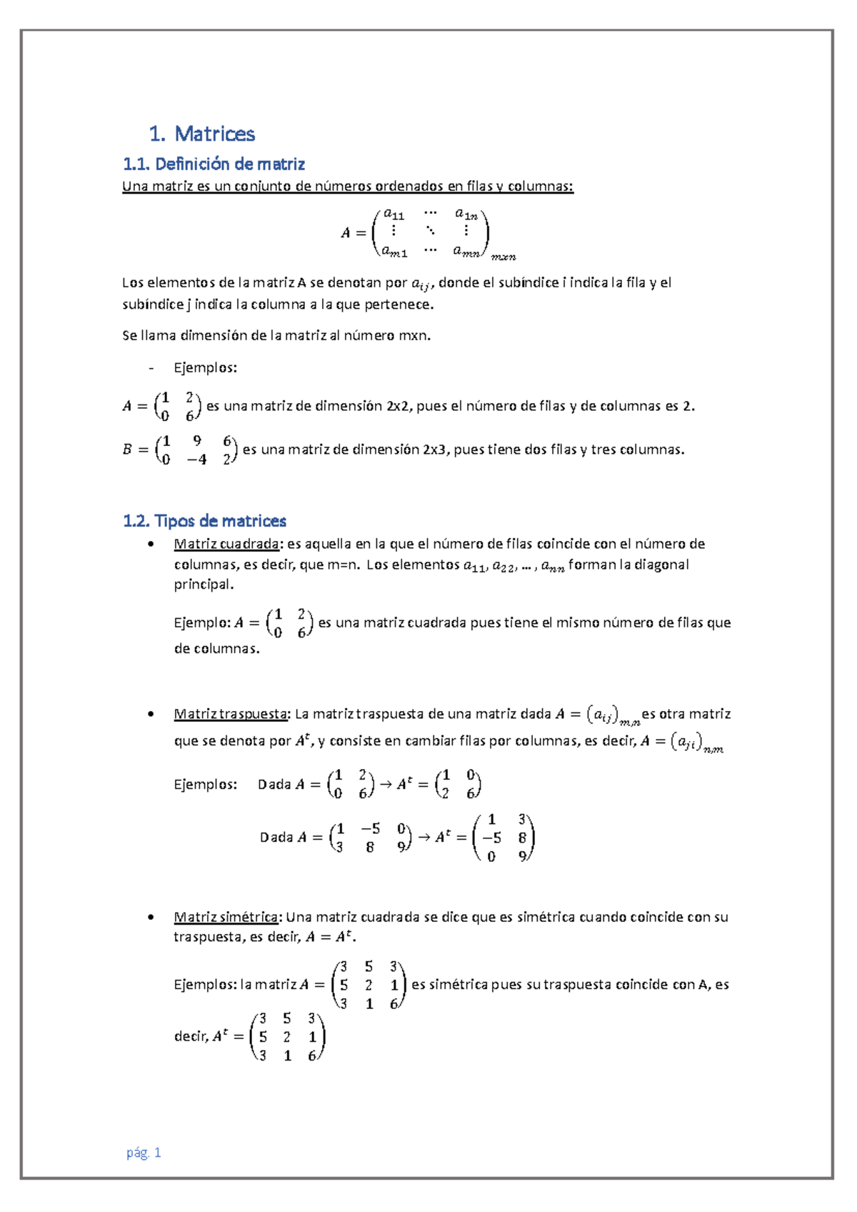 Matrices: Definición, Tipos y Operaciones (Curso 1f1f1f) - Studocu