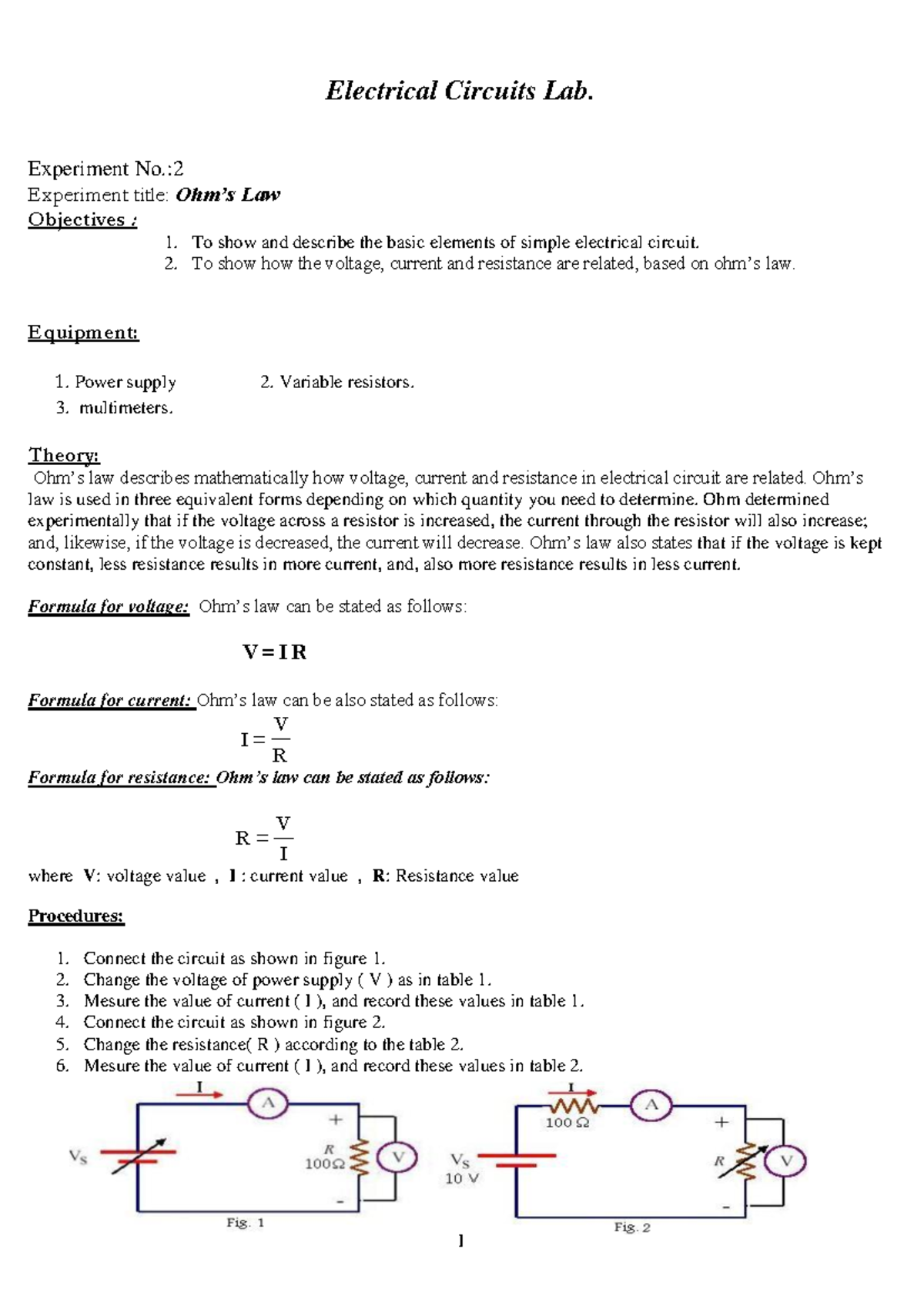Exp. 2: Ohm's Law - Electrical Circuits Lab - Studocu