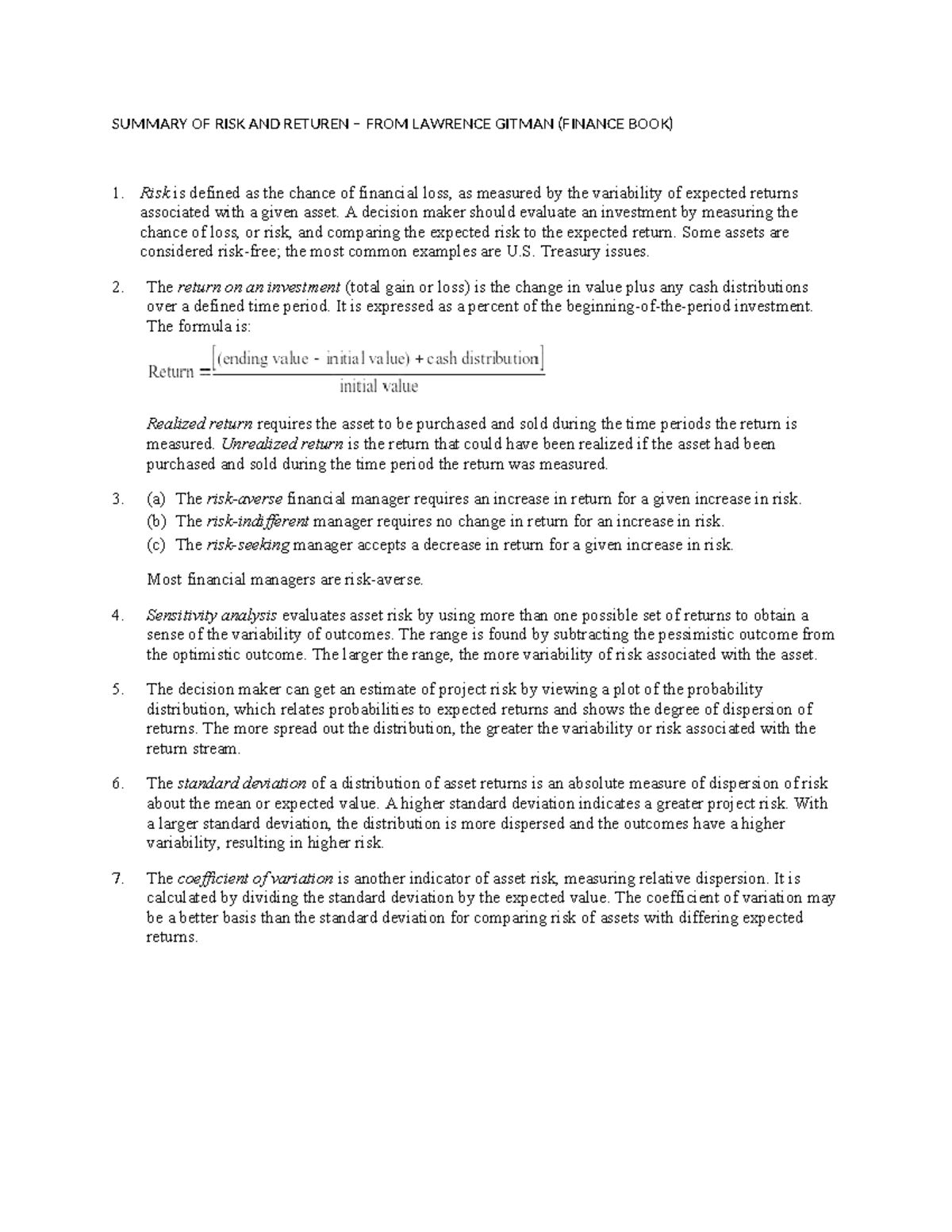Summary of Risk and Return - Lawrence Gitman (FIN 101) - Studocu