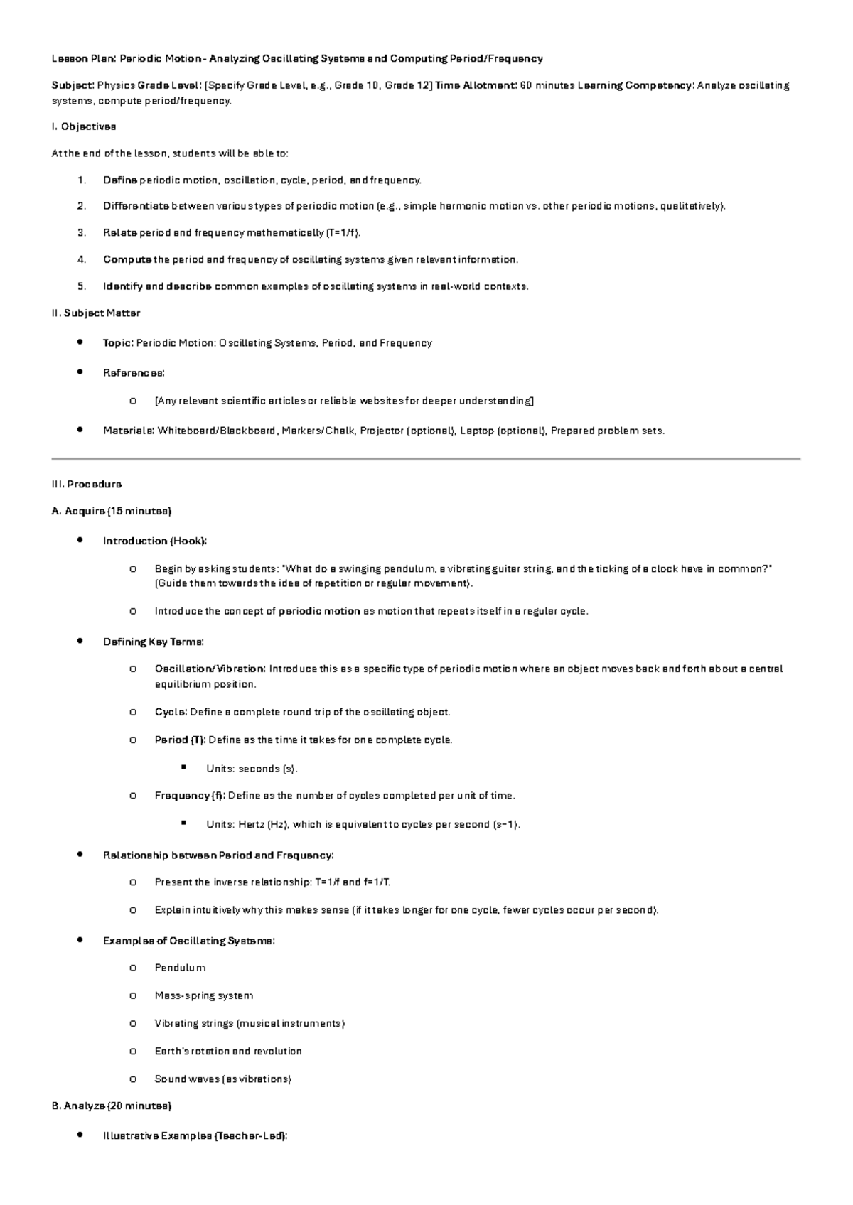 Lesson Plan: Analyzing Periodic Motion in Physics (Grade 10) - Studocu