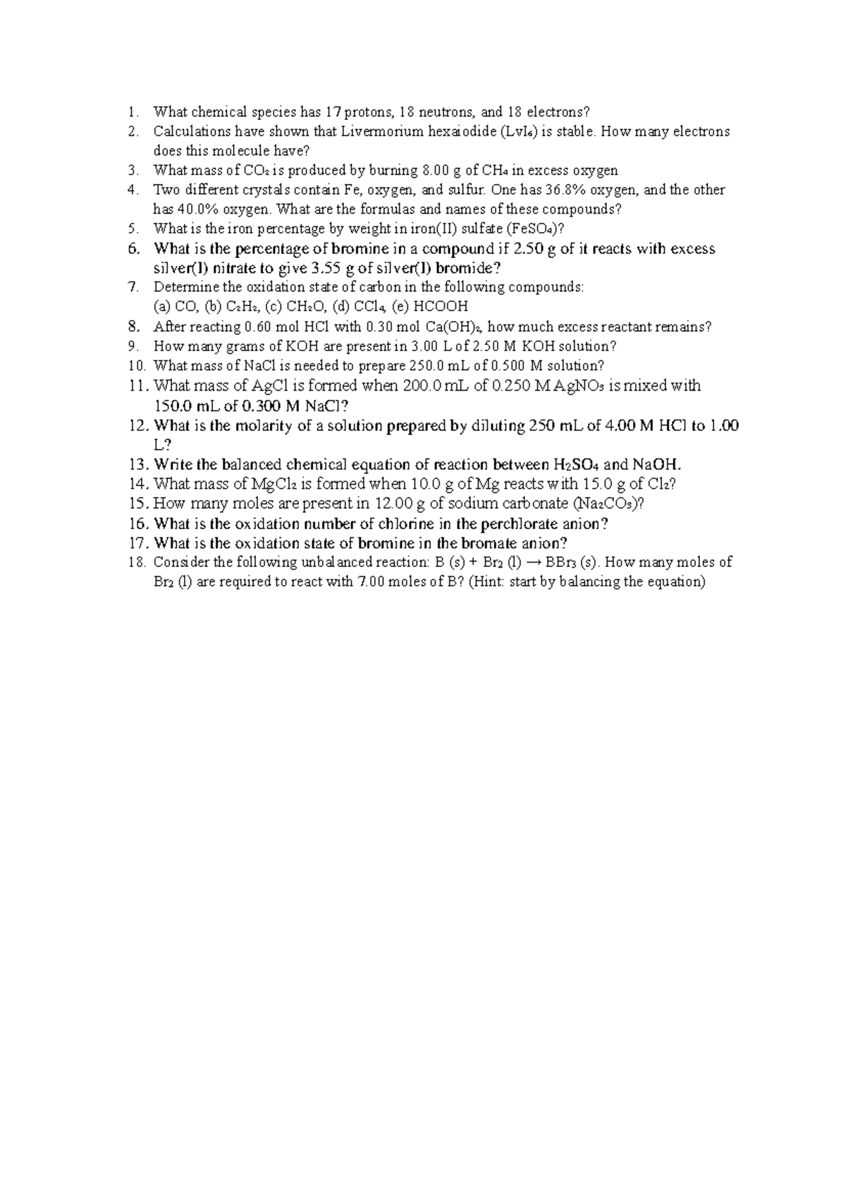 Chemistry Problem Set - Questions and Calculations - 1. What chemical ...