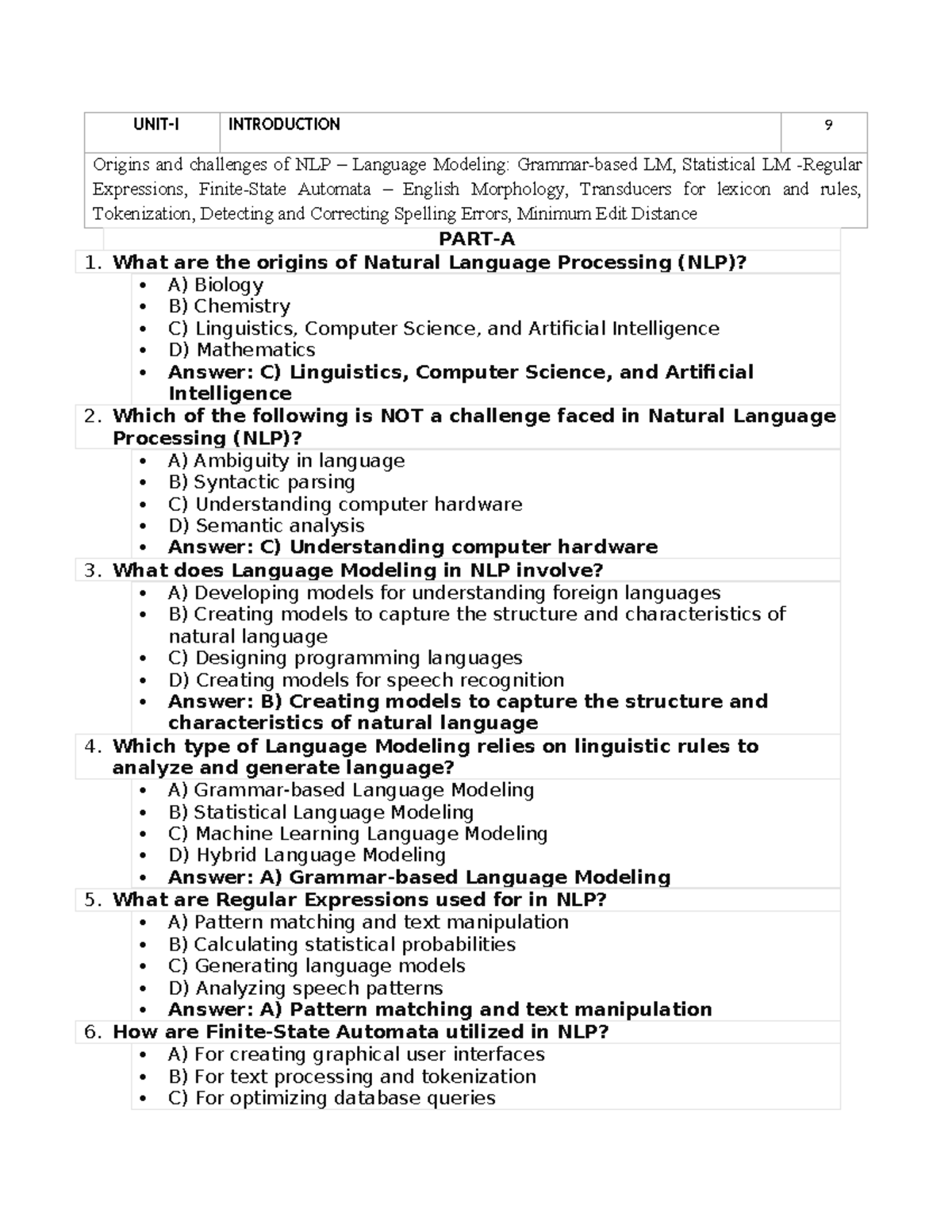 NLP 101: Unit-I Question Bank on Language Processing Topics - Studocu