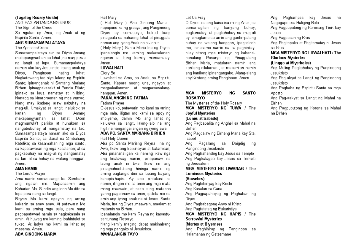 Tagalog Rosary Guide: Mga Panalangin at Misteryo ng Santo Rosaryo - Studocu