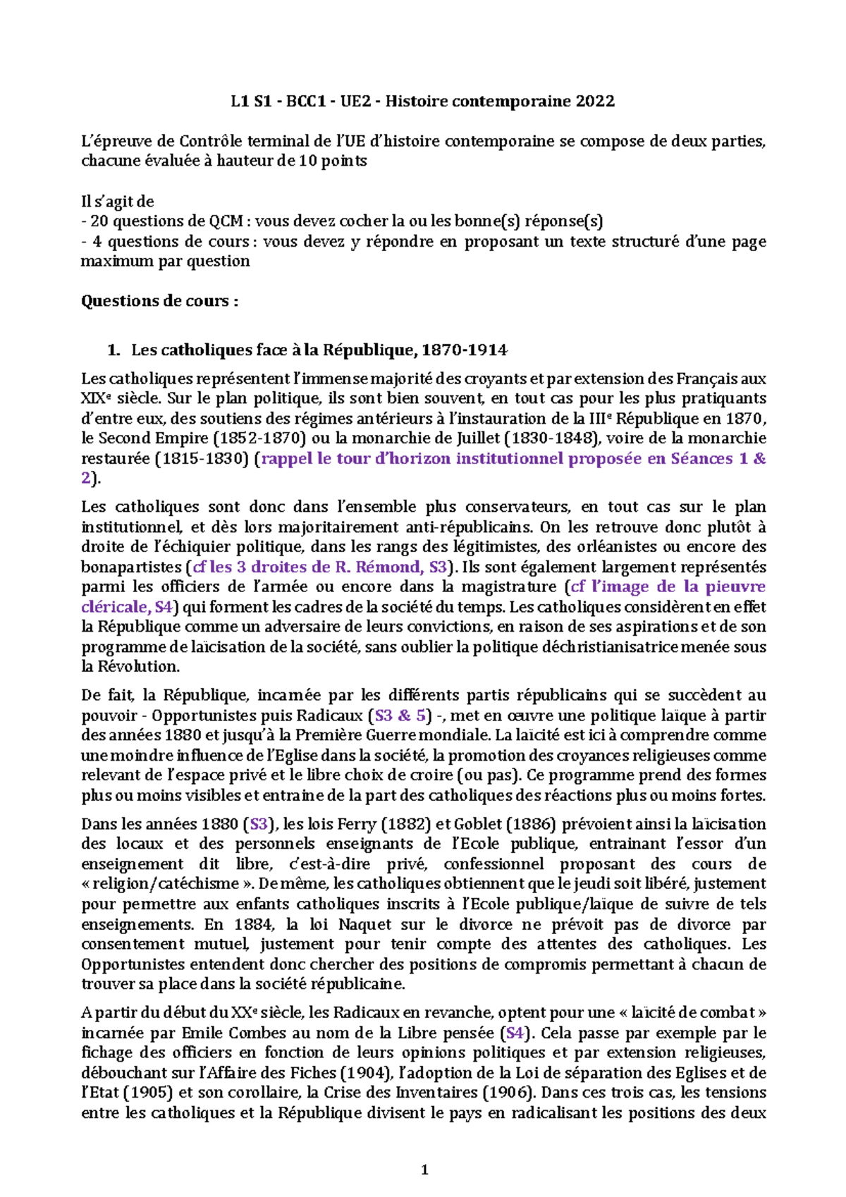 L1 S1 BCC1 UE2 Corrigé de l'Épreuve de Histoire Contemporaine 2022 ...