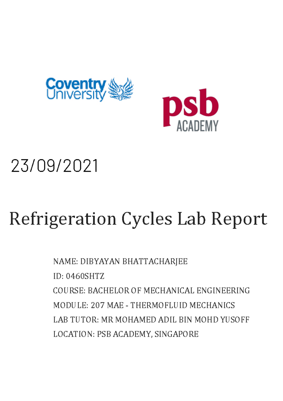 Refrigeration Cycles Lab Report - 207 MAE Thermofluid Mechanics - Studocu