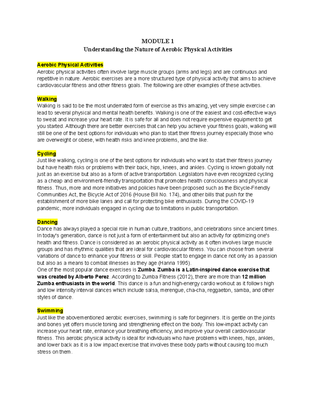 Physical Education Module 1: Understanding Aerobic Activities - Studocu