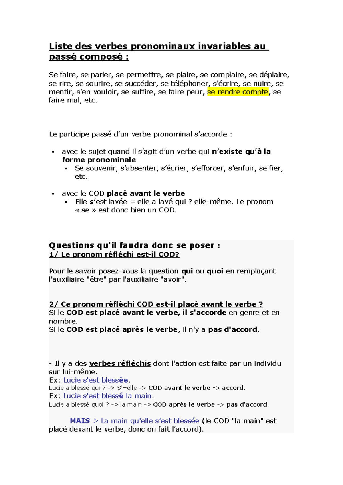 L'accord des verbes pronominaux au passé composé - Cours de Français ...