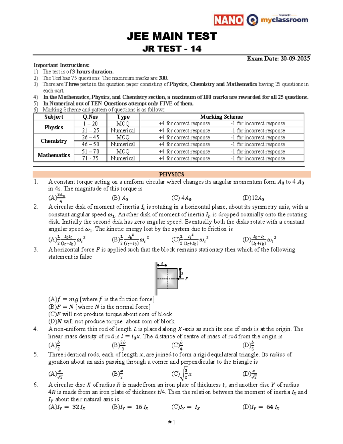 JEE MAIN TEST JR TEST 14: Important Exam Instructions and Solutions ...