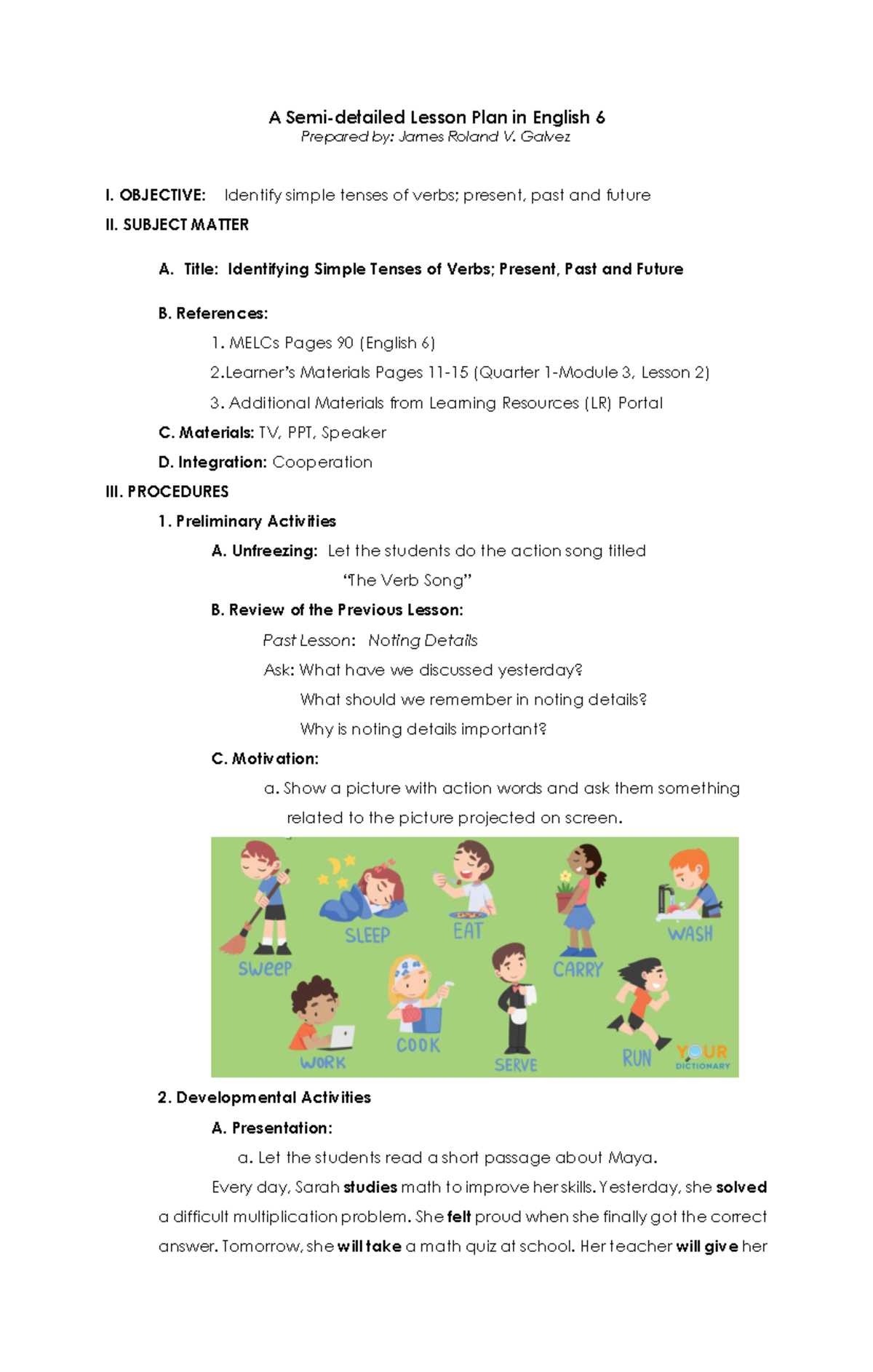 Final Demo Lesson Plan: Simple Tenses in English 6 - Studocu
