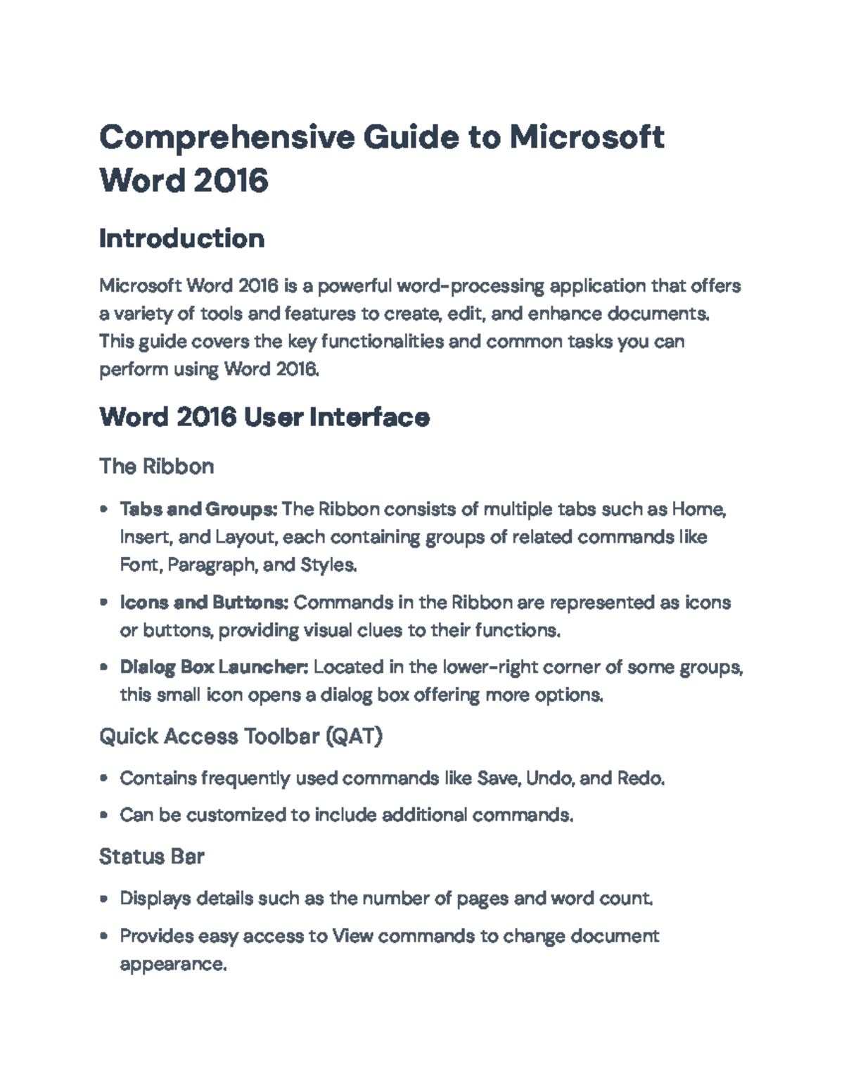 Comprehensive User Guide for Microsoft Word 2016 Features and Tools ...