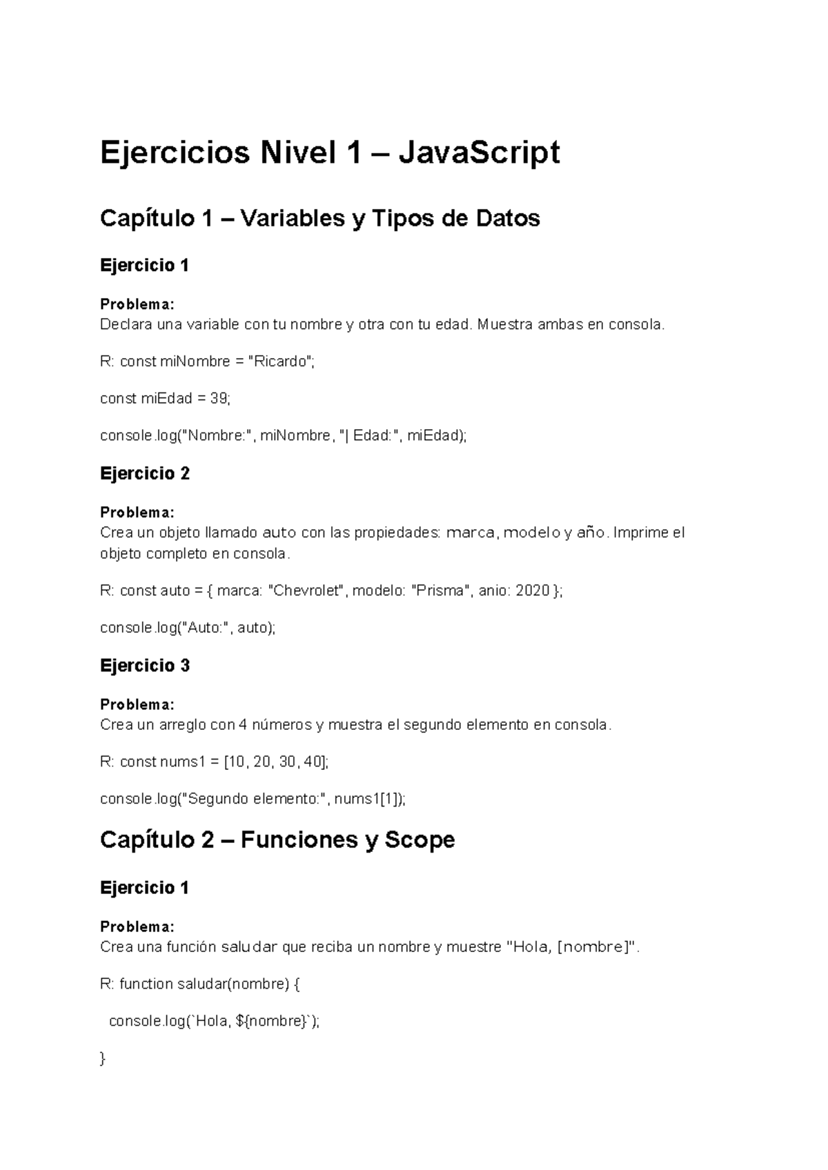 Guía de Ejercicios Nivel 1 y 2 JavaScript: Variables, Funciones y Más - Studocu