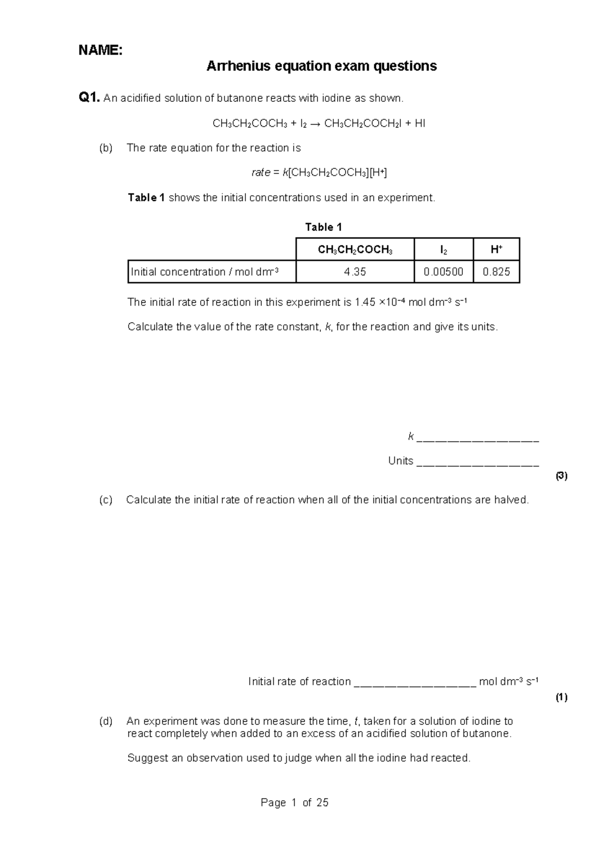 Arrhenius Equation Exam Questions (Chemistry 101) - Studocu