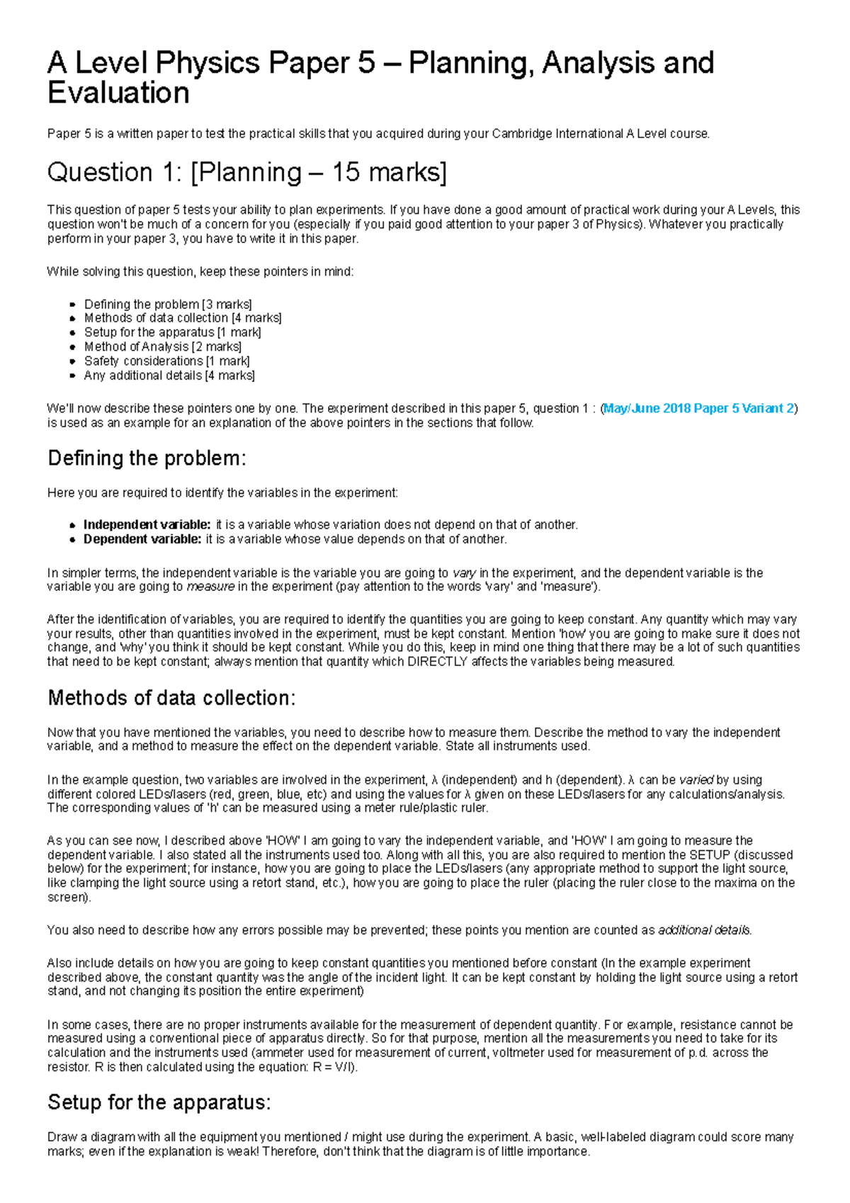 A Level Physics Paper 5 - Practical Skills Planning & Analysis Guide ...