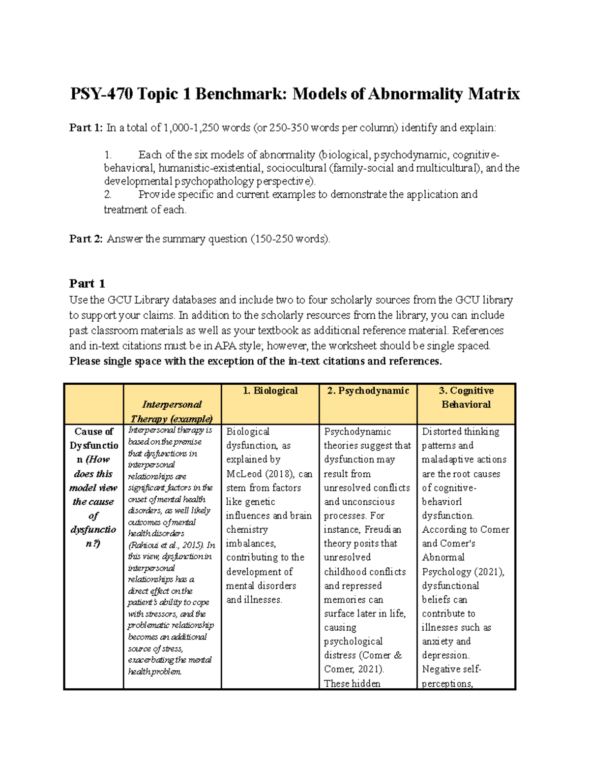PSY-470 Topic 1 Benchmark: Analysis of Abnormality Models Matrix - Studocu
