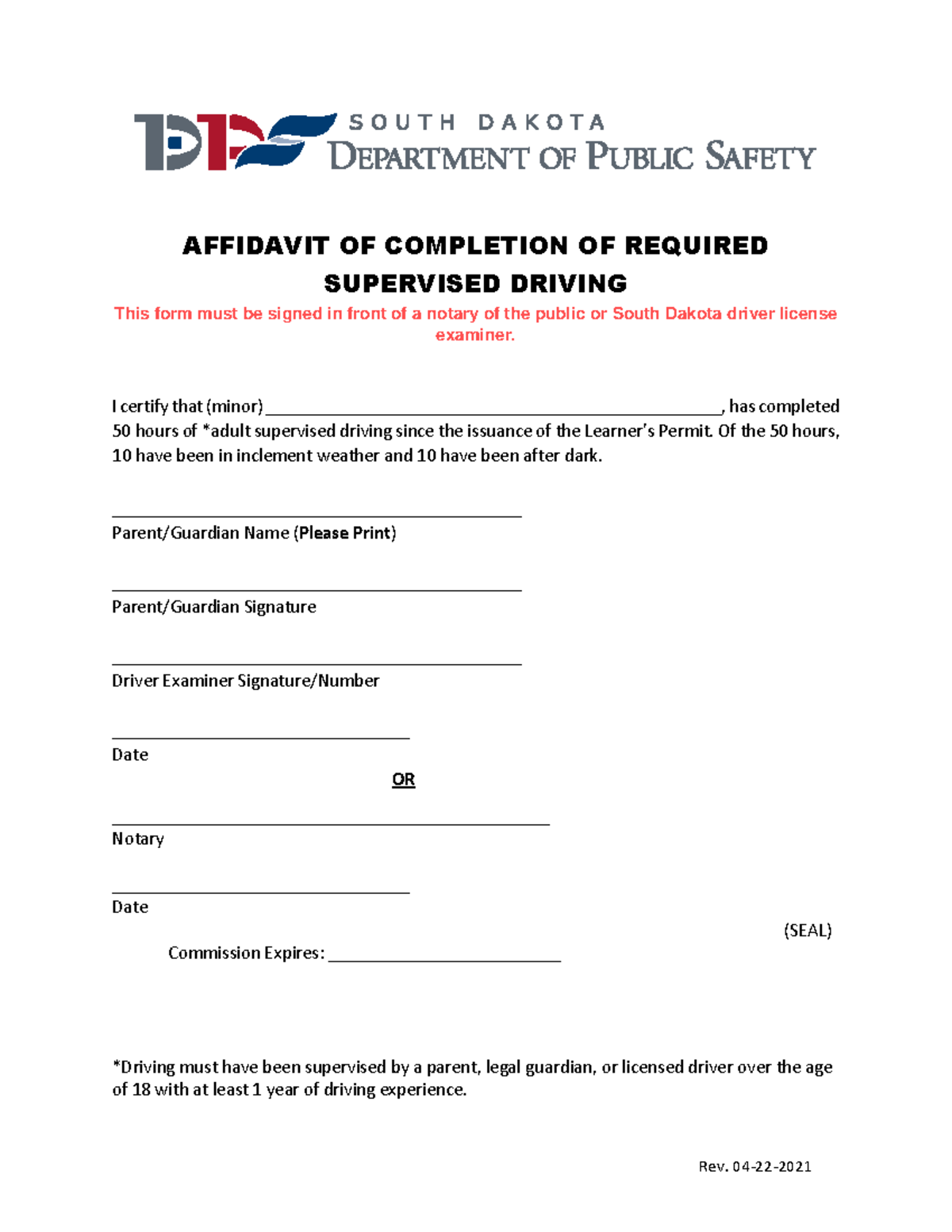 Supervised Driving Affidavit - Rev. 04 - 22 - 2021 AFFIDAVIT OF ...