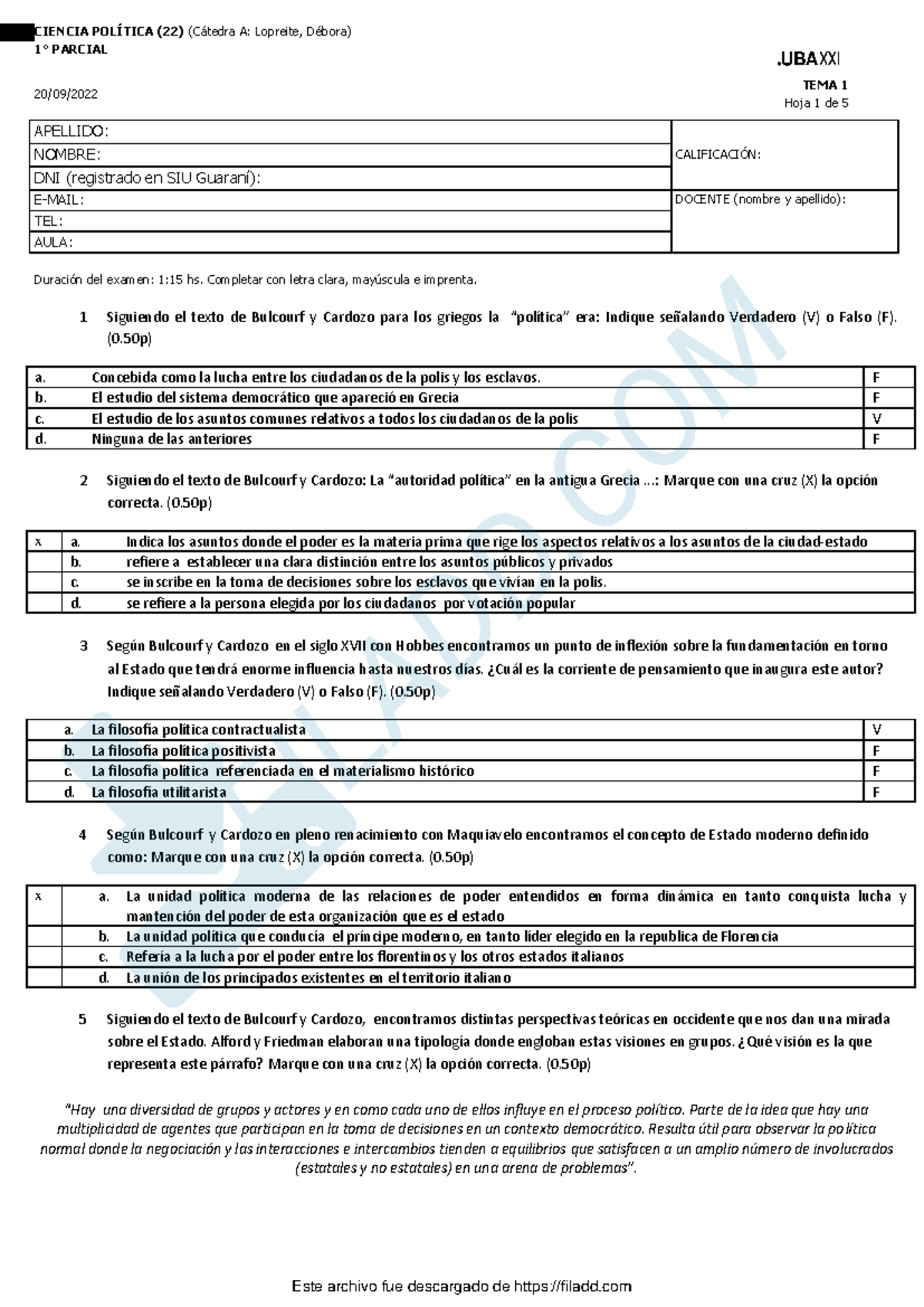 CIENCIA POLÍTICA (22) PARCIAL TEMA 1 - Claves de Respuestas - Studocu