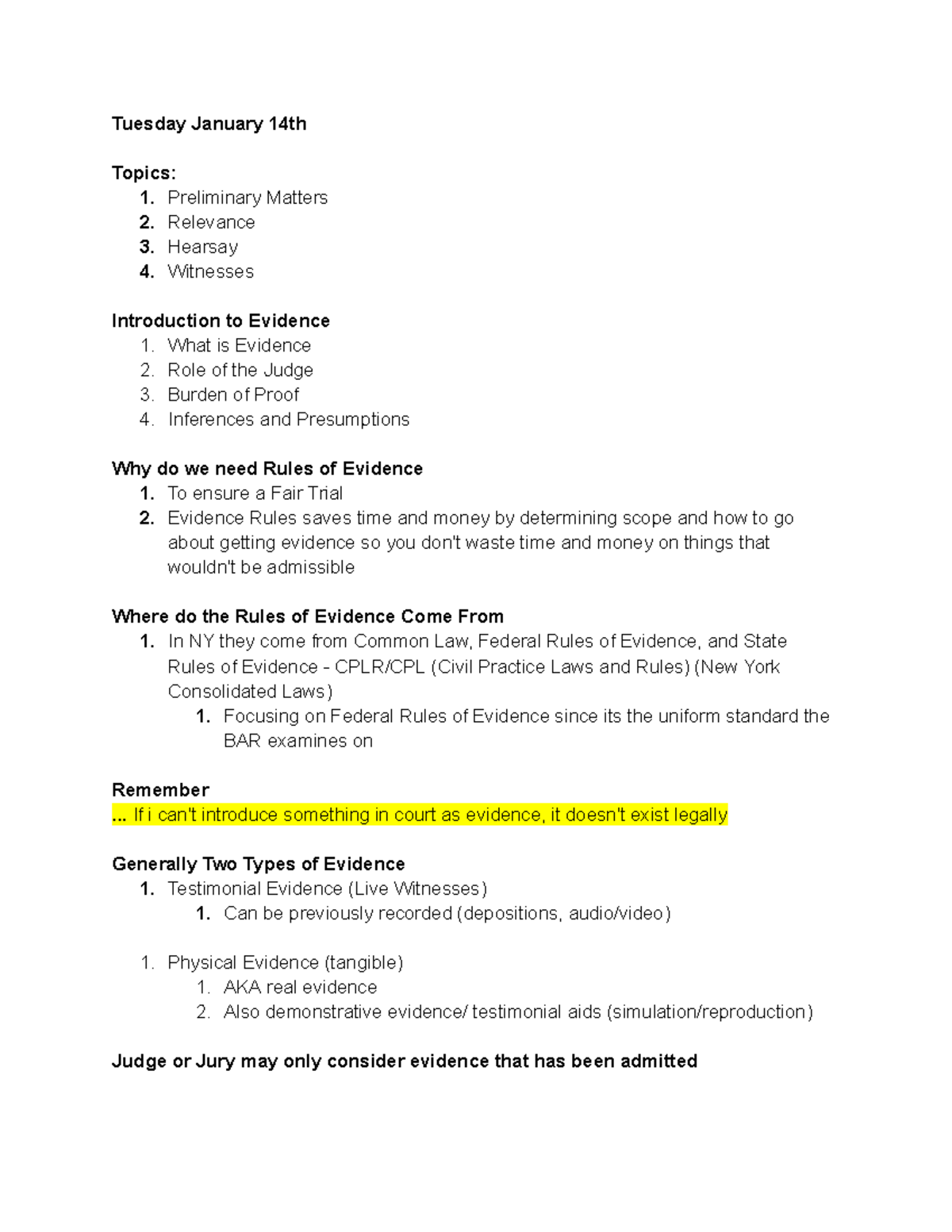 Evidence Class Notes (LAW 101): Key Concepts on Admissibility ...