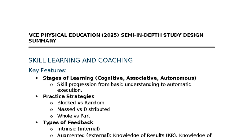 VCE PE Study Design Summary 2025: Skill Learning & Coaching - Studocu