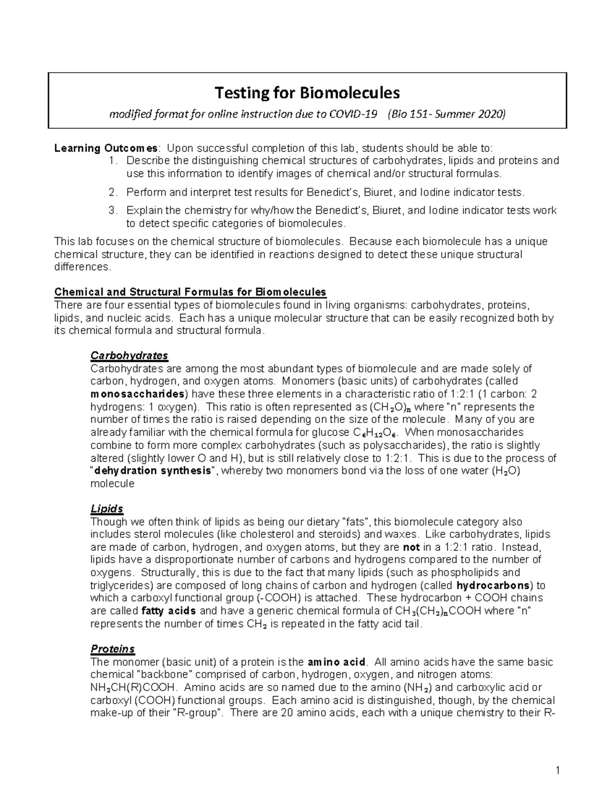 Bio 151 Lab 3: Identifying Biomolecules Through Indicator Tests - Studocu