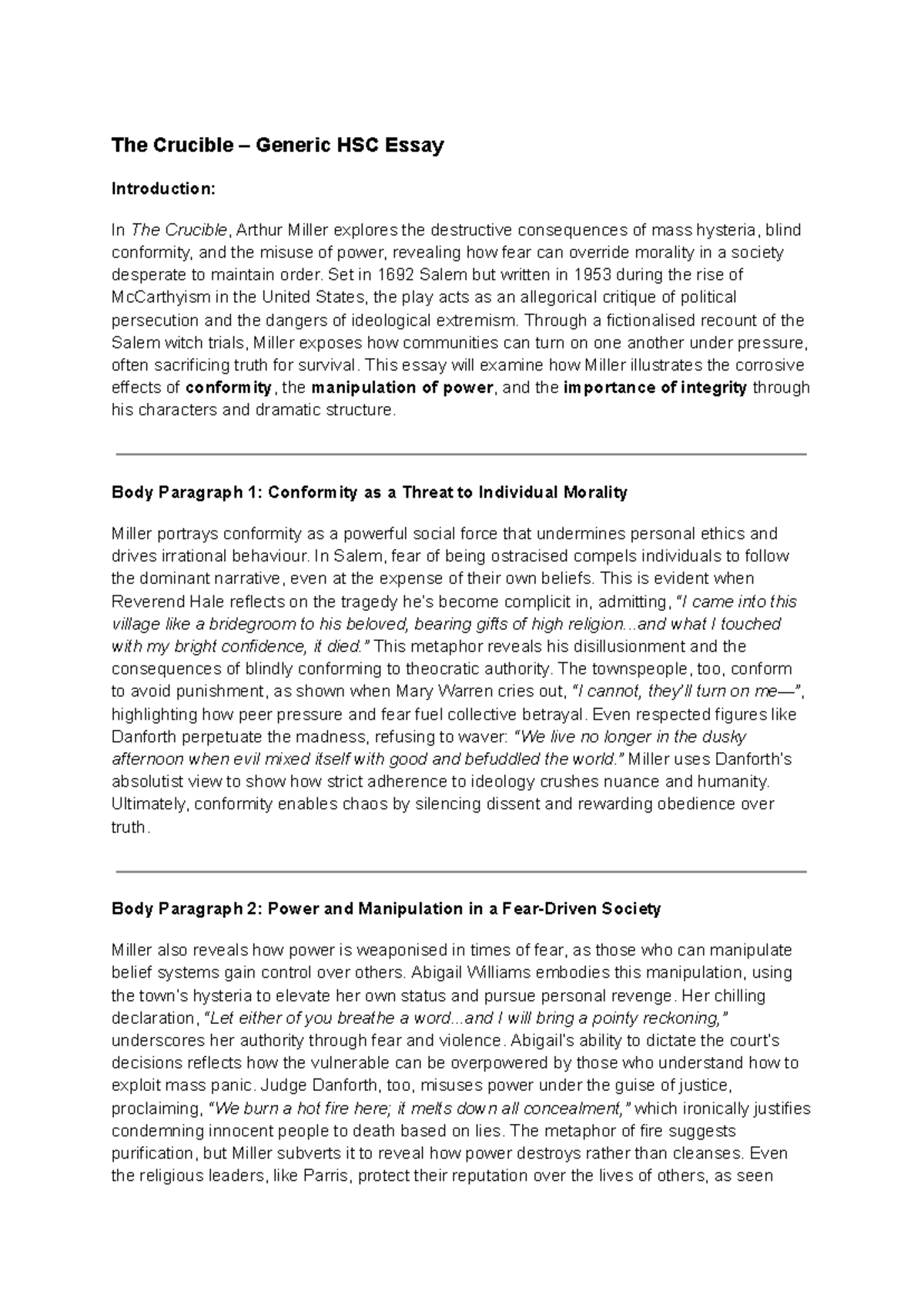 The Crucible HSC Essay: Exploring Hysteria, Conformity, and Power - Studocu