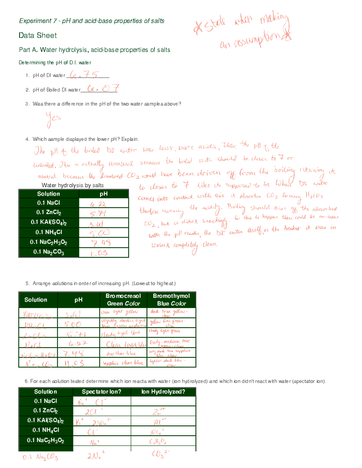 Experiment 7 - Data Sheet - Experiment 7 - pH and acid-base properties ...