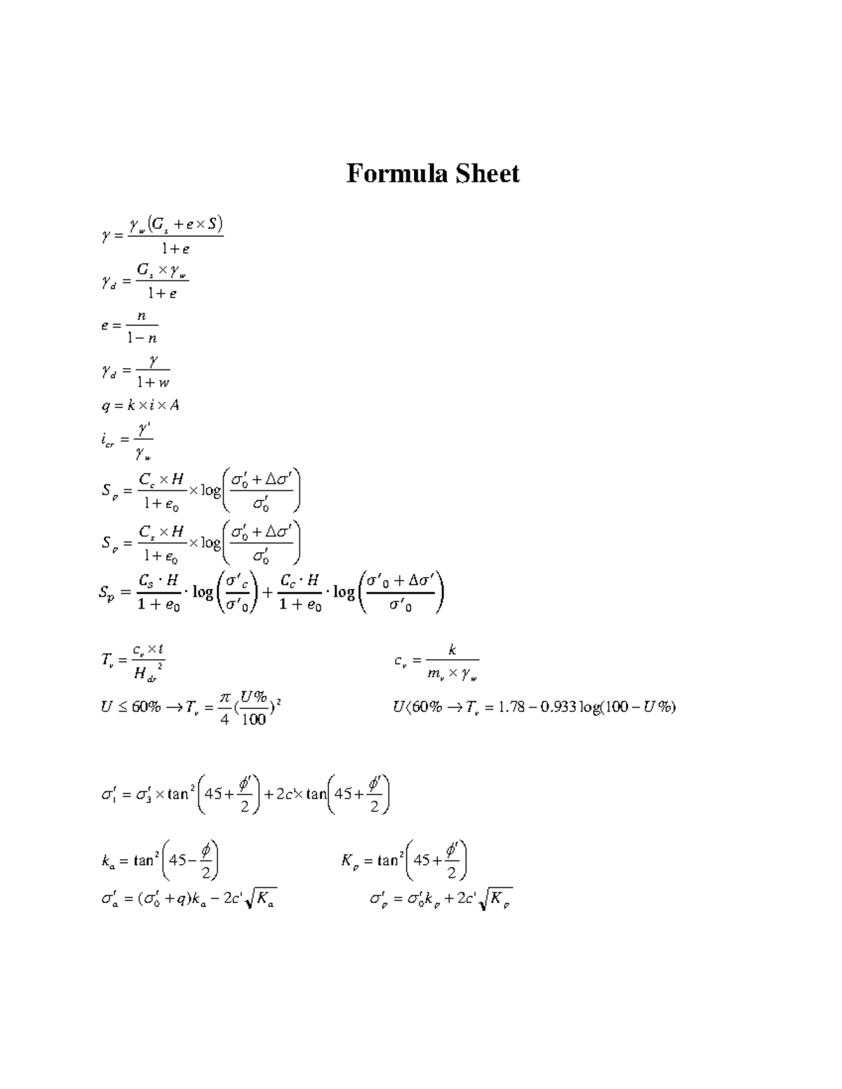 Final Exam Formula Sheet - Formula Sheet ( ) w n n e e G e G e S d s w ...