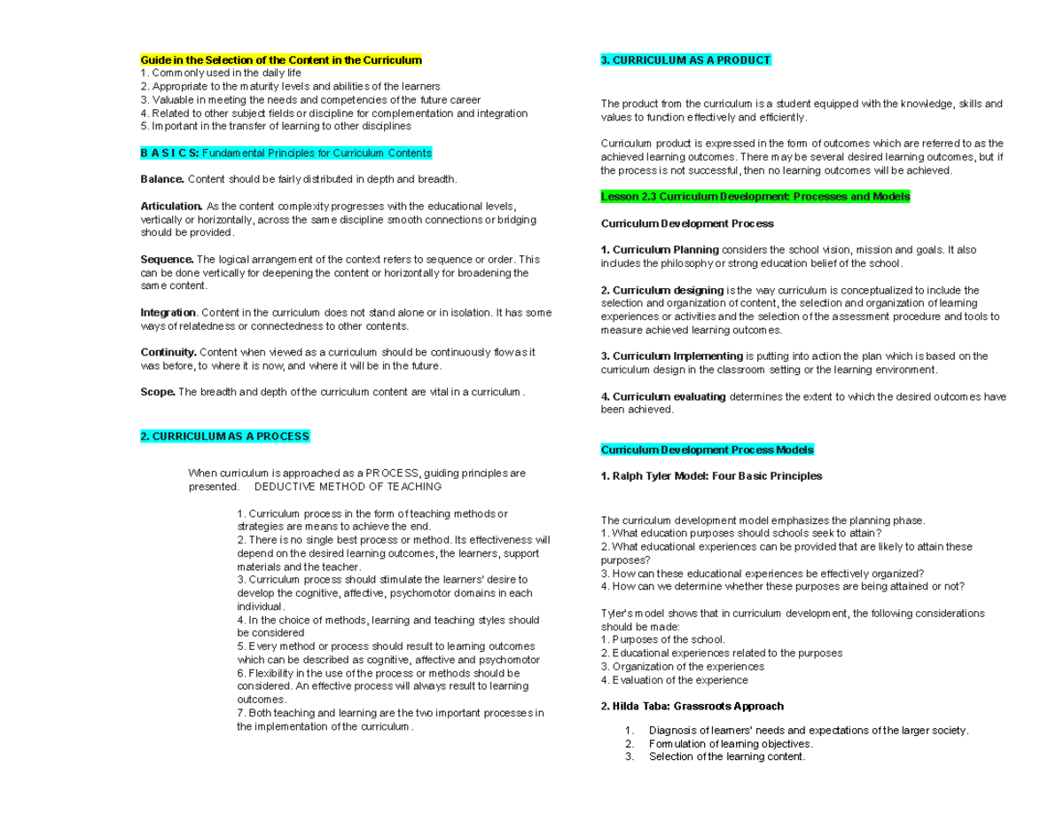 EDUC 9 - Curriculum Development: Principles, Processes & Models - Studocu