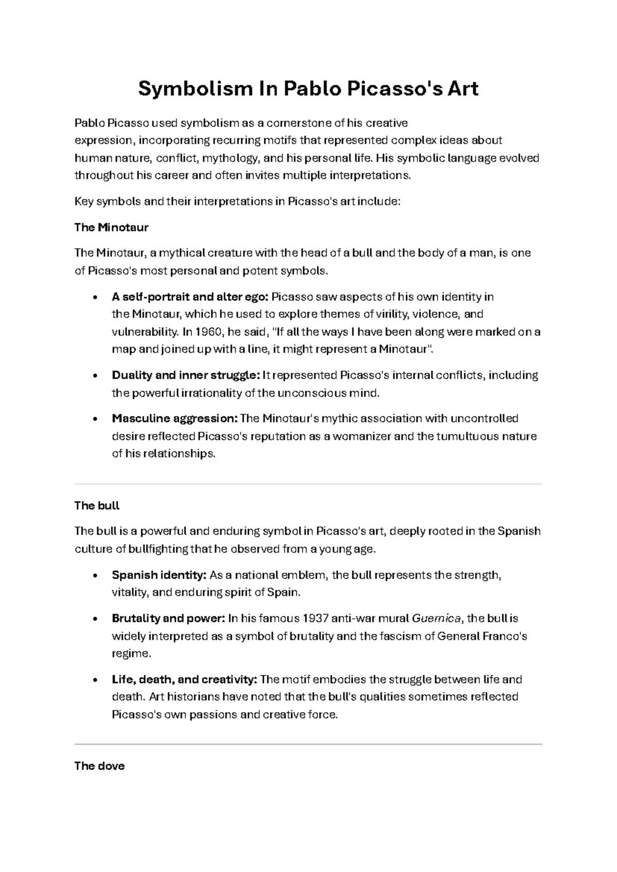 Symbolism in Pablo Picasso's Art: Key Motifs and Meanings - Studocu